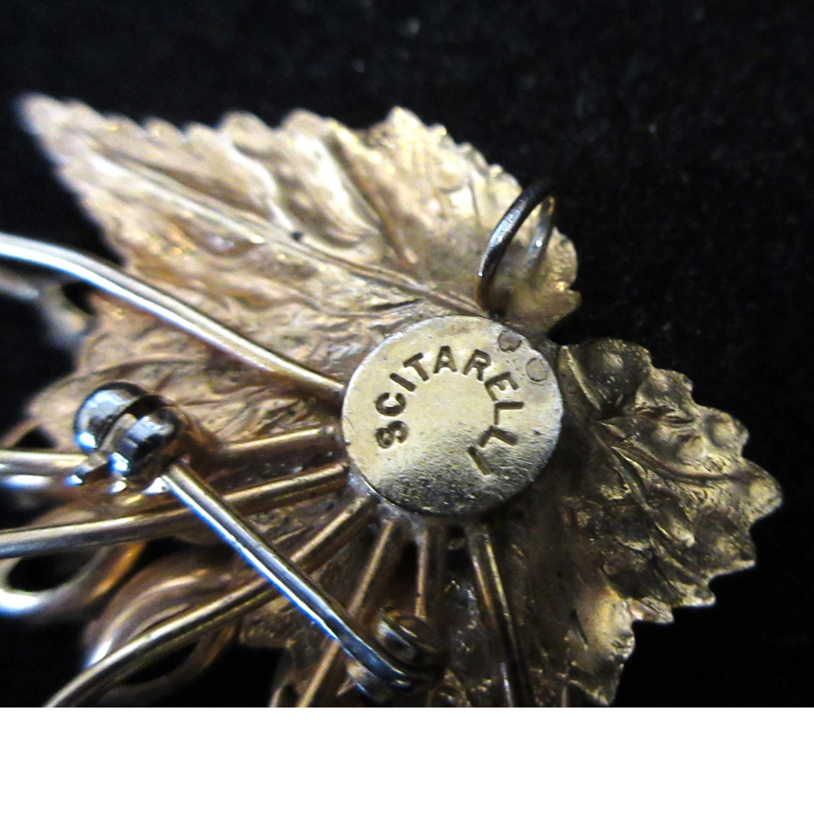 Vintage Scitarelli Gold Tone Metal with Blue and Clear Rhinestone Leaf Brooch Pin or Pendant 1.25 Inches Long