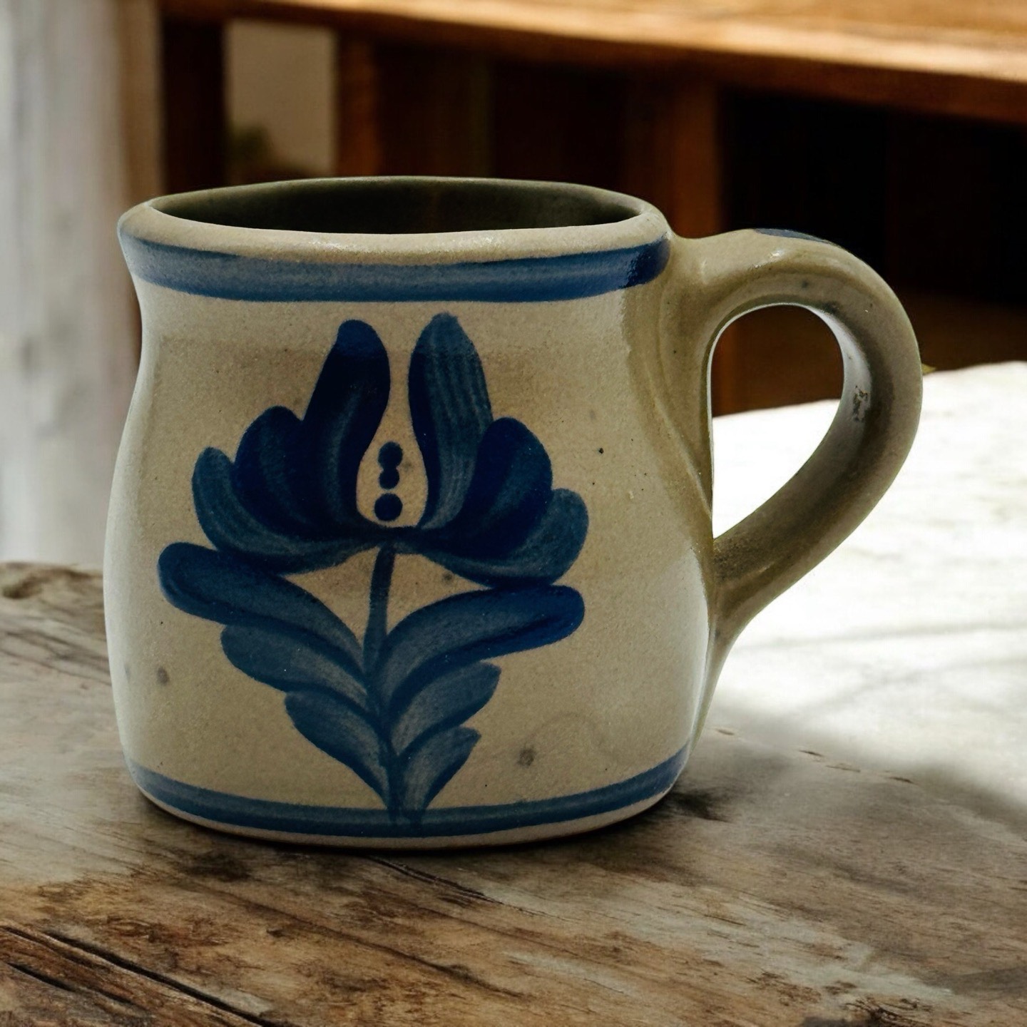 BBP Beaumont Brothers Pottery Salt Glazed Small Mug w Blue Flower Floral