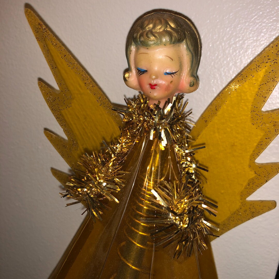 Vintage Angel Tree Topper Bright Golden Acetate with Rubber Head 7 1/2"H