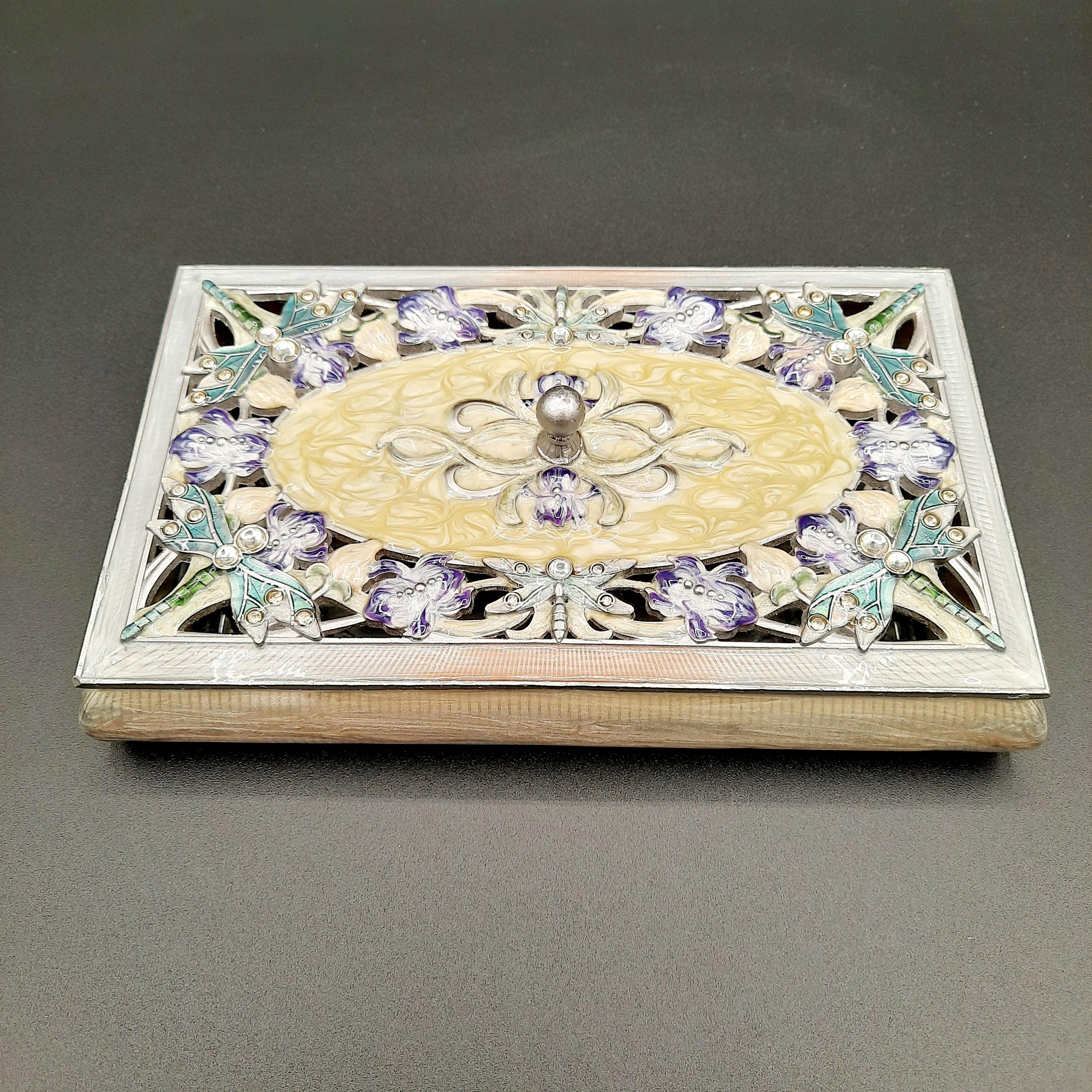 Dragonfly Flower Enameled Metal Mirrored Jewelry Vanity Box