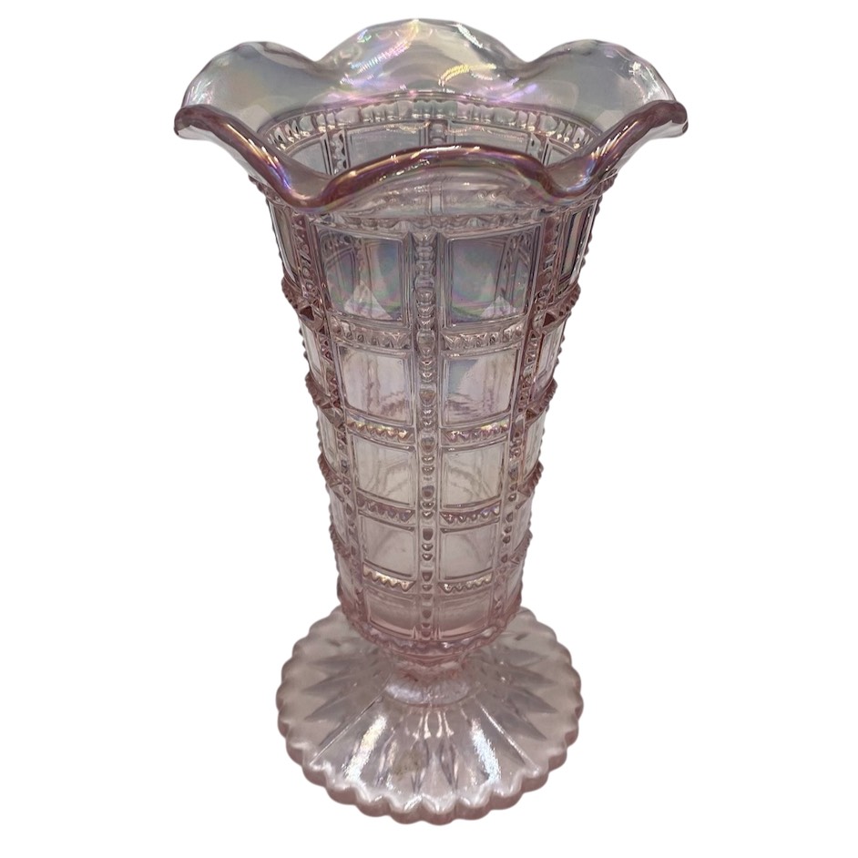Vintage Imperial Glass Vase, 6", Beaded Block Pink Iridescent/Carnival ...