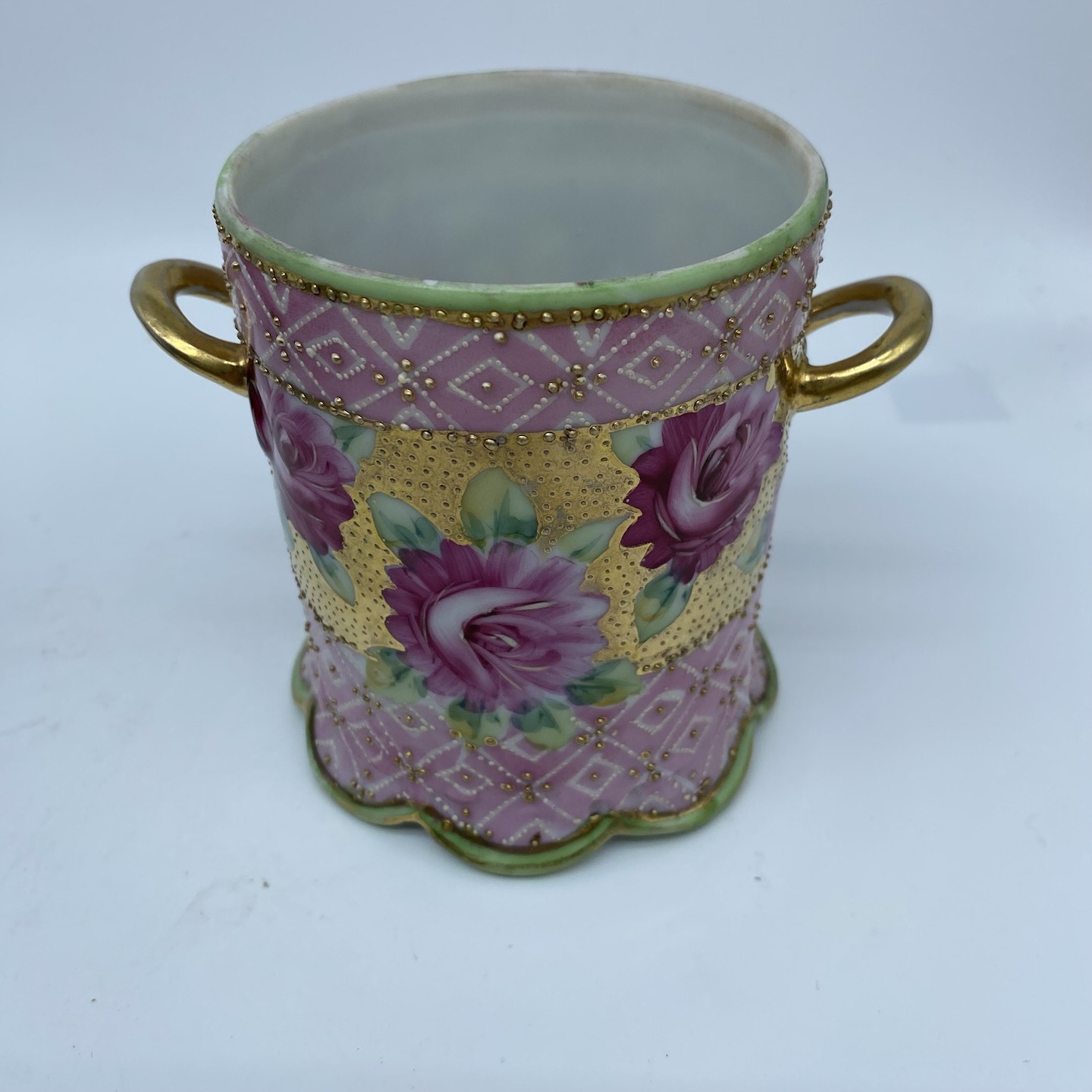 #1506 Japan Antique Condensed Milk Can Cover Floral Moriage Ceramic Gold