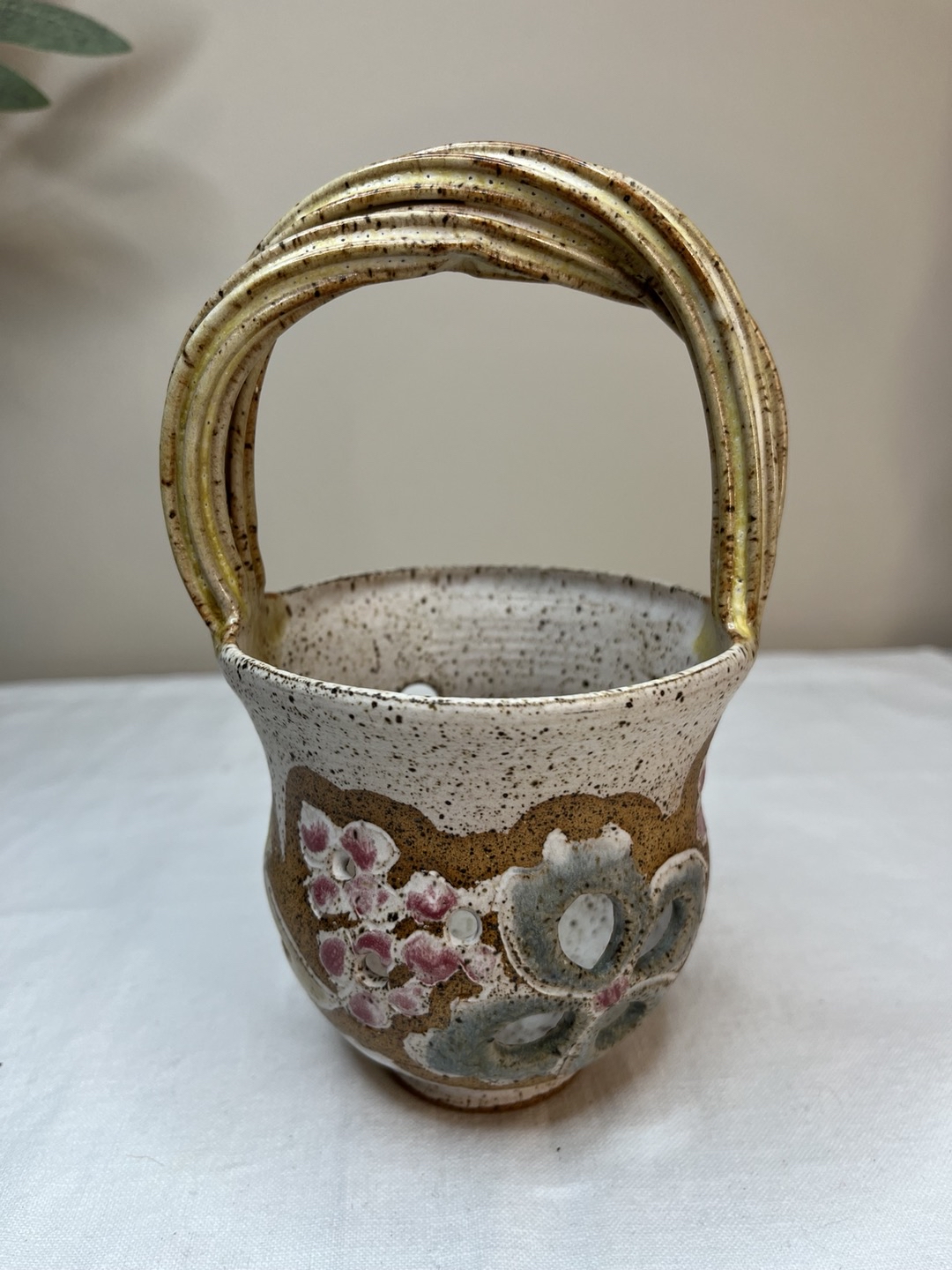 Studio Pottery Floral Votive Holder Candle Basket
