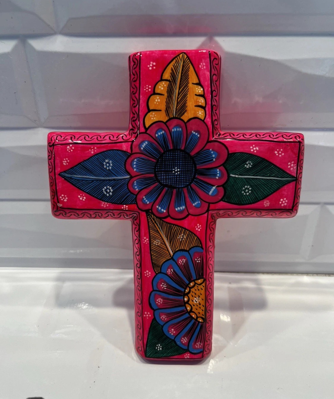 Ceramic Hand Painted Pottery Mexican Folk Art Cross Made In Mexico Wall ...