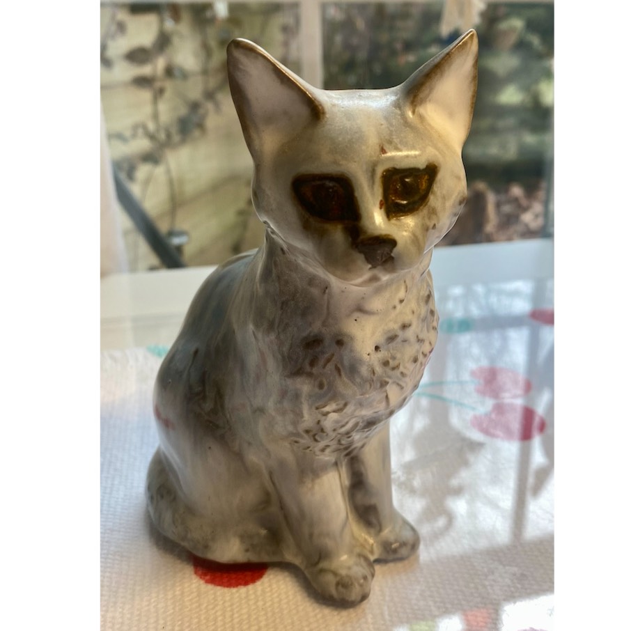 572. Vintage 1983 Studio Pottery Cat With Unique Blue Gray/Brown Glaze
