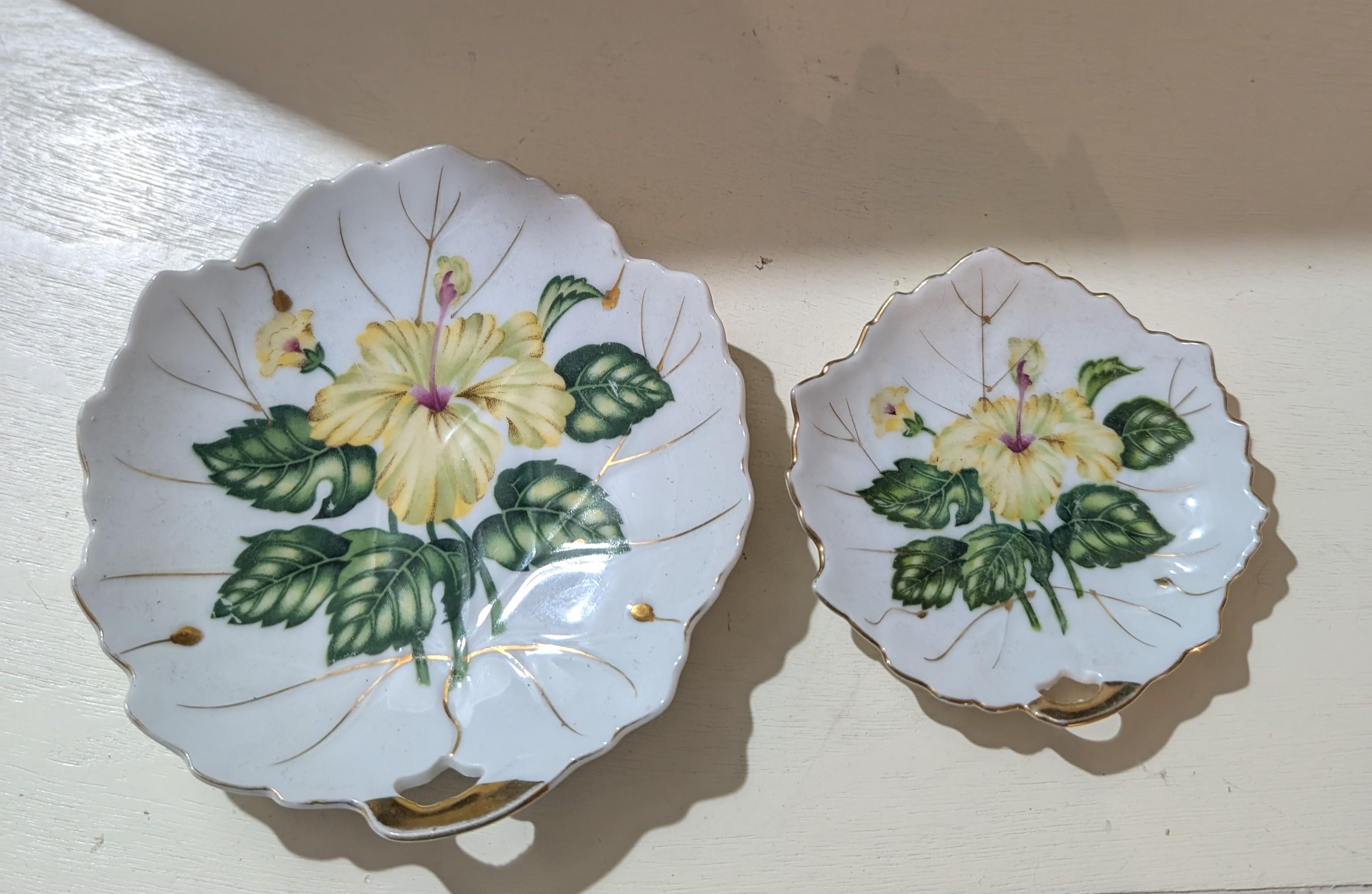 Vintage Nasco Leaf Shaped Floral Design Porcelain Plates Set Of 2