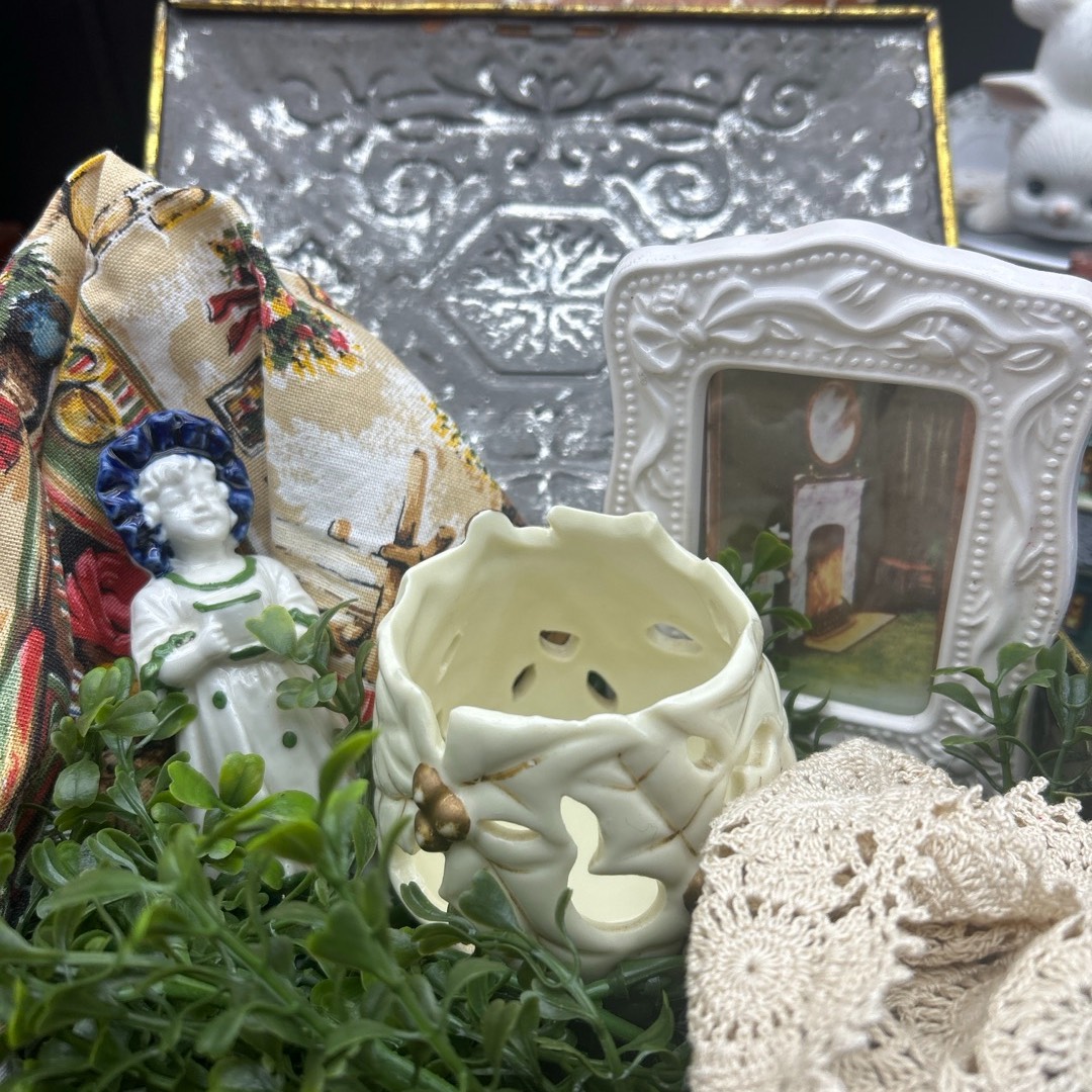 Curated Vintage Vignette Décor Bundle – Porcelain, Lace, Frame ...