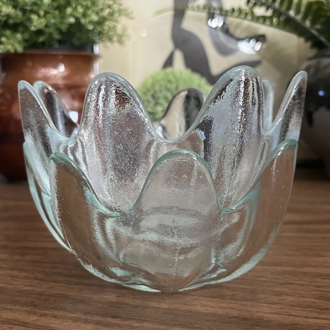 Pair of Vintage Blenko Art Glass Clear Lotus Flower Dessert Bowls 5.5" Wide