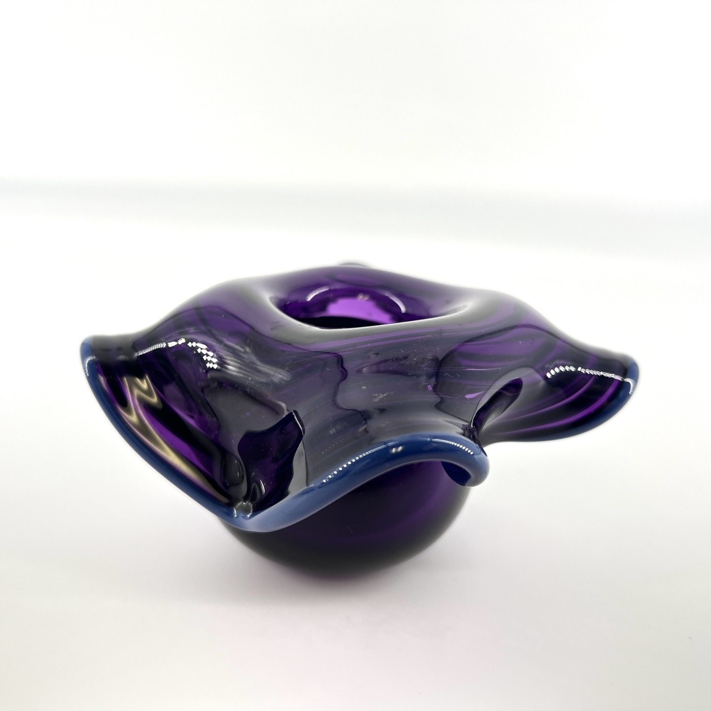 Violet And Cobalt Threaded Art Glass Bowl