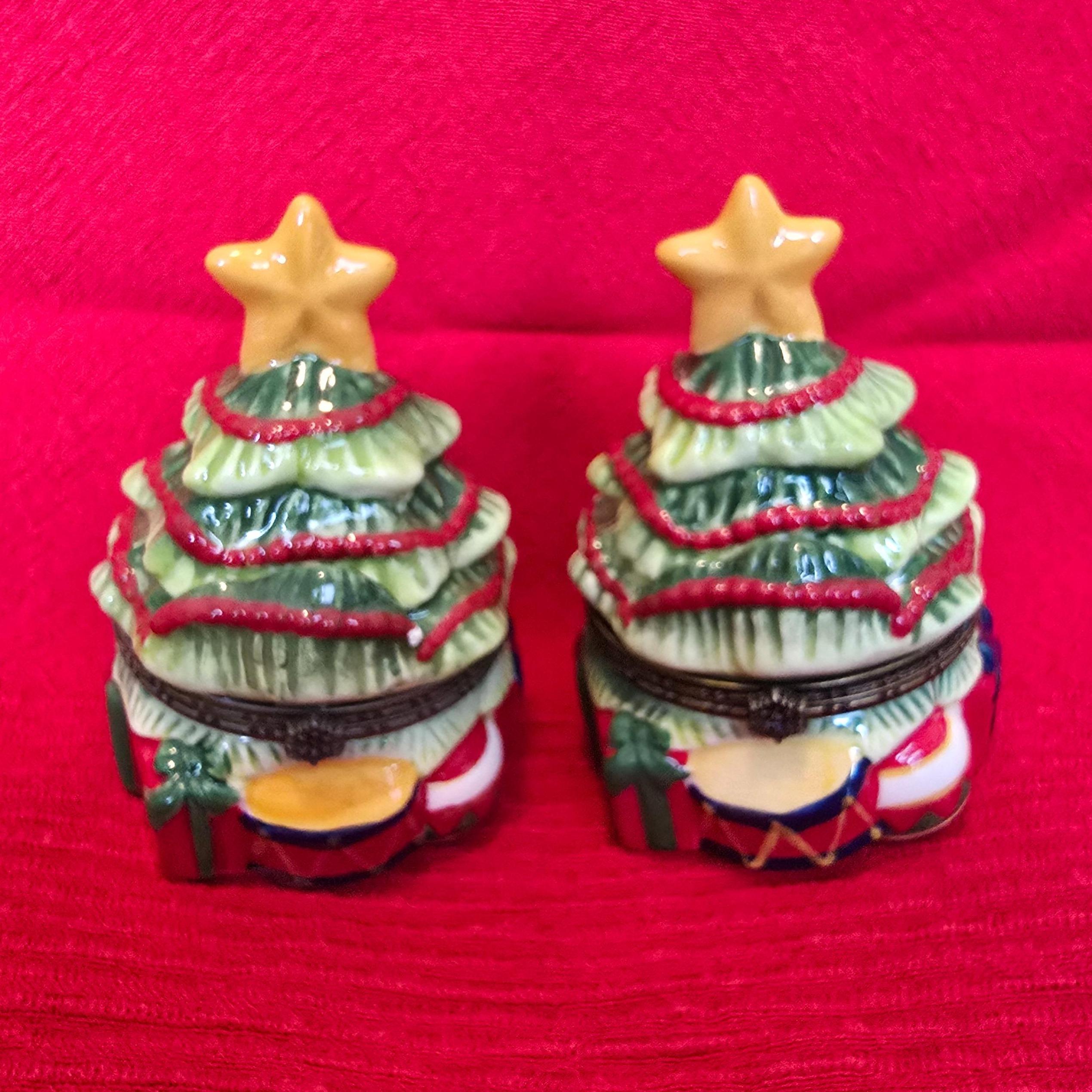 2 Vintage Harry & David Ceramic Christmas Tree Card Holder Trinket Boxes