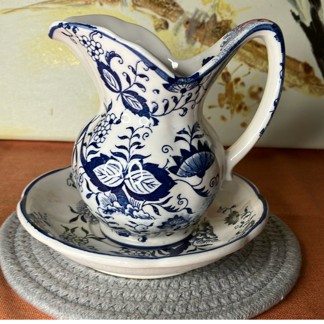 Blue And White Small Pitcher With Basin - 5” Tall
