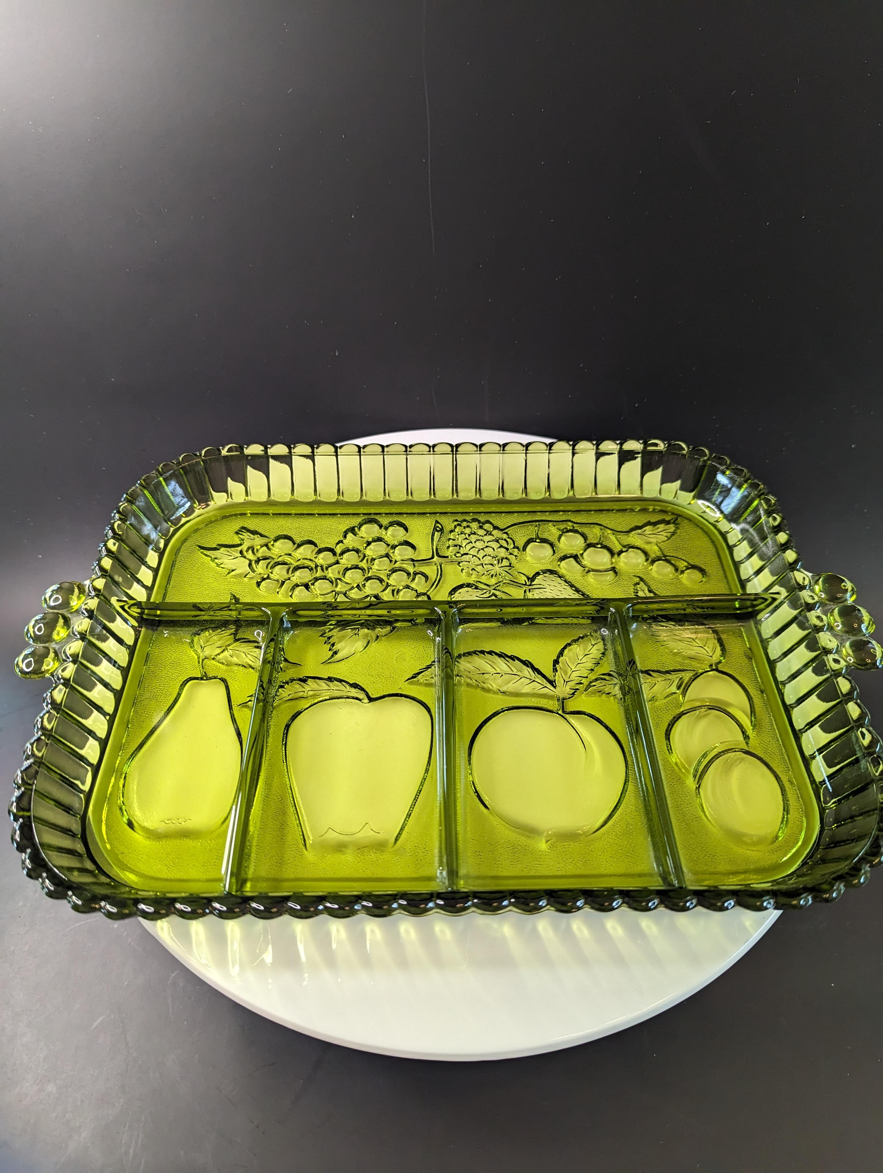 Vintage Green Glass Divided Serving Tray, Fruit Design, Indiana Glass 5 ...