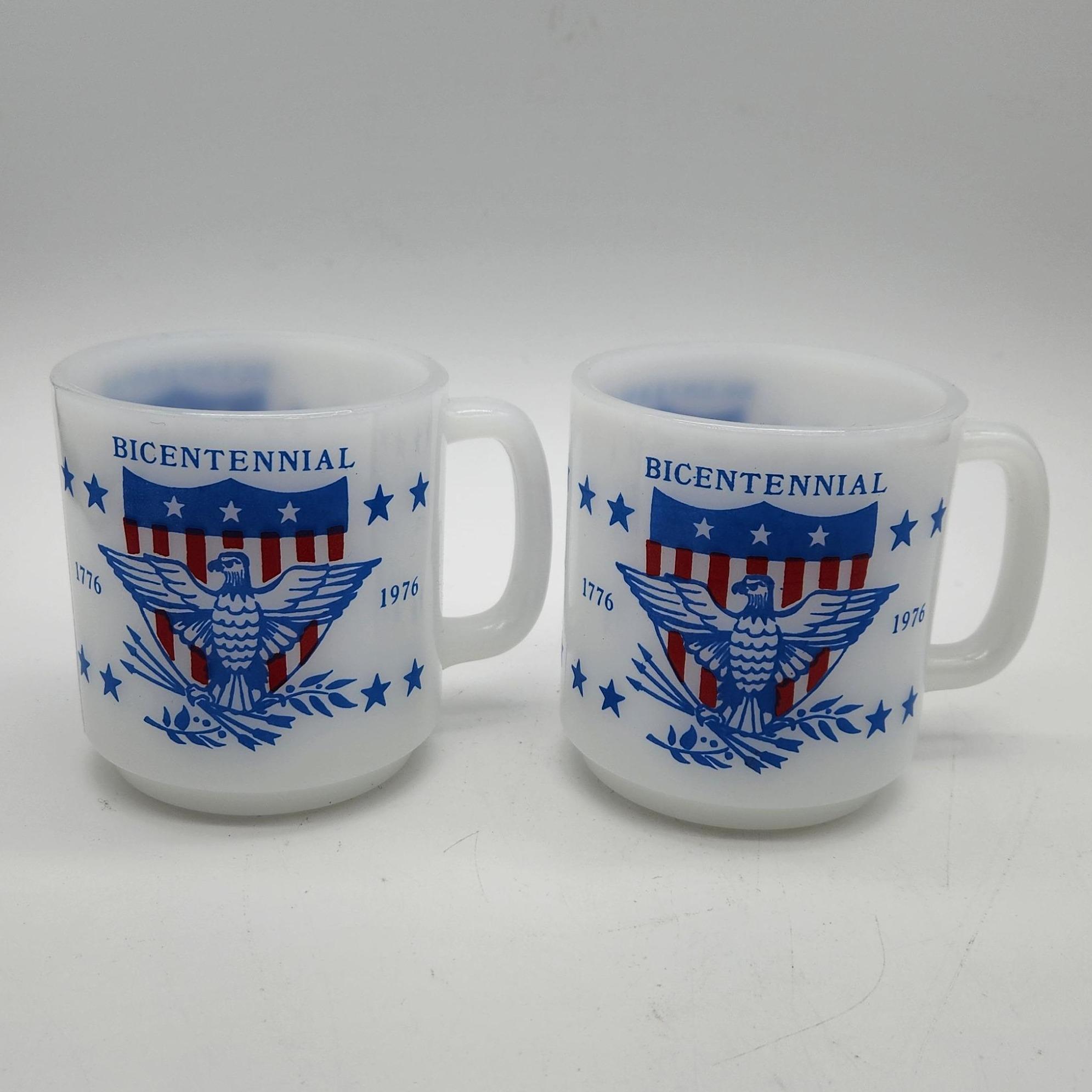 1976 Vintage Glasbake American Bicentennial Milk Glass Coffee Mug PAIR