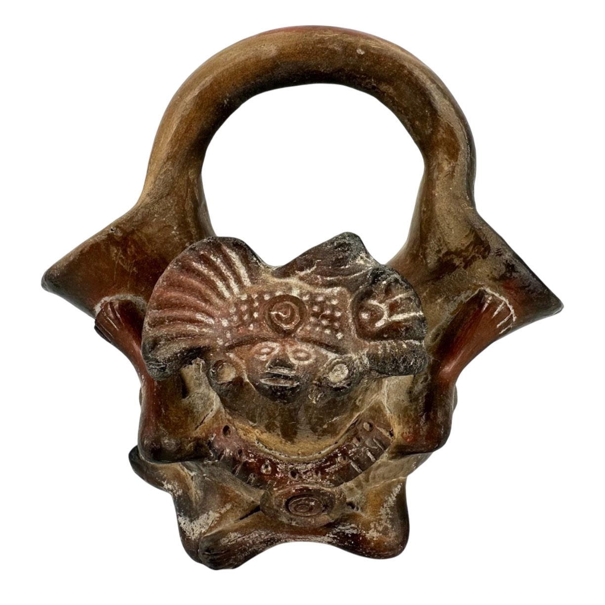 Mayan Aztec Tribal Redware Pottery Double Spout Figural Vase