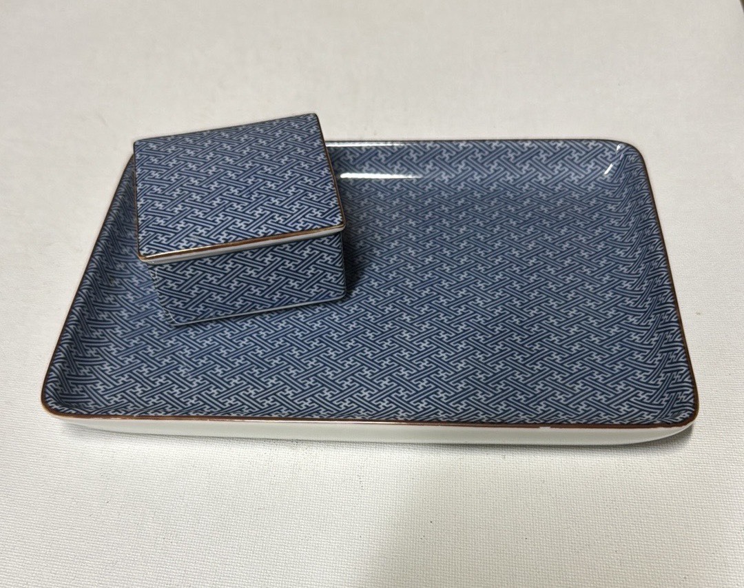 Fitz & Floyd Japan Ajiro pattern rectangular tray and trinket box with lid