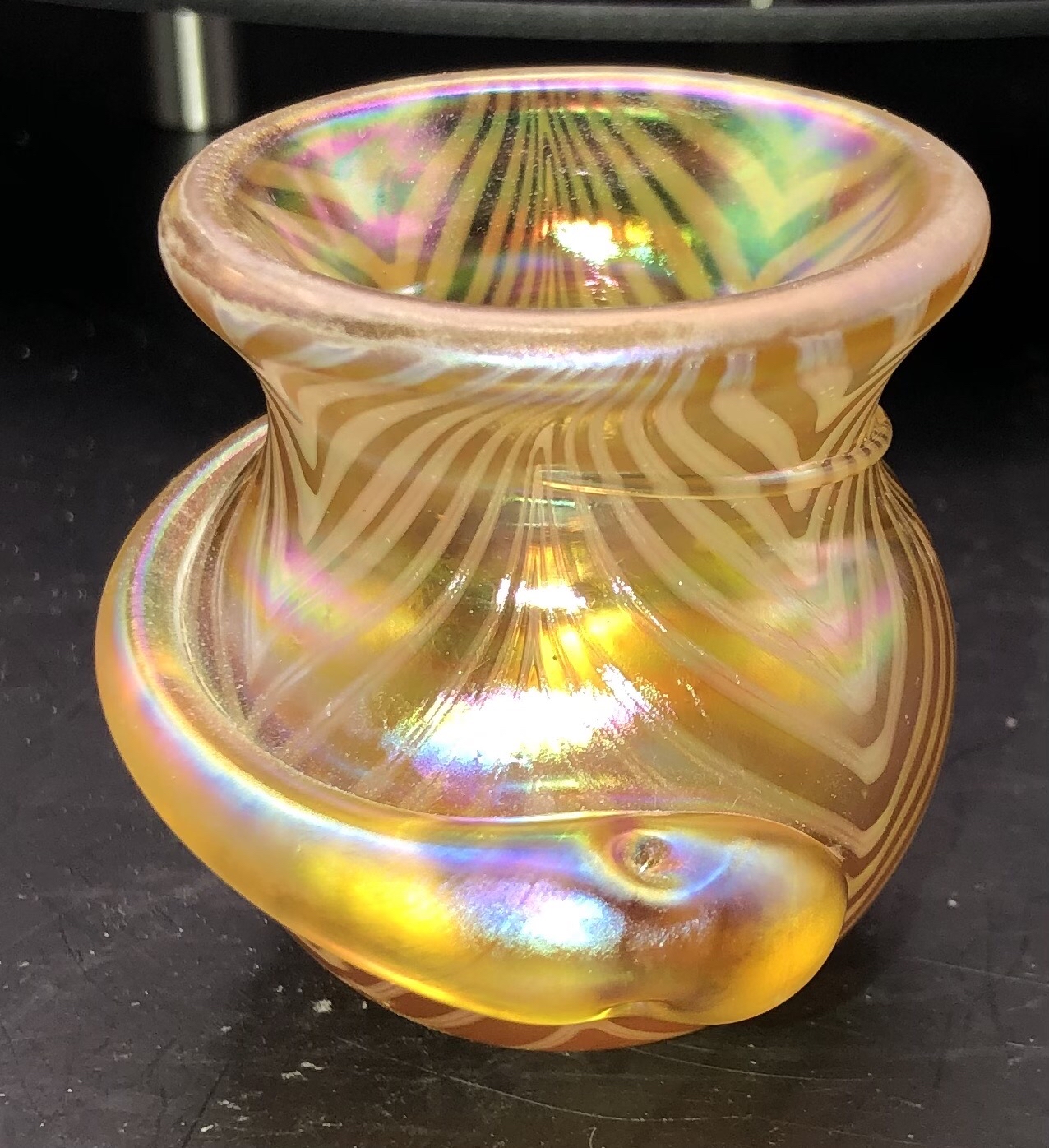 #04 - Terry Crider Mini Vase-Amber and white with snake applied