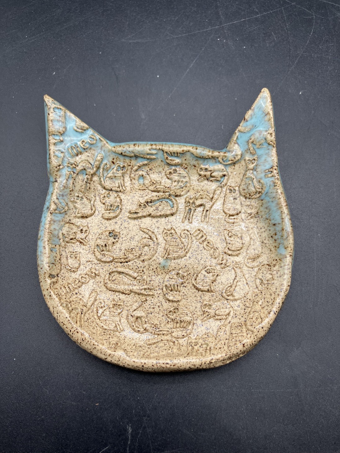 011 - Handmade Studio Pottery Cat Trinket Dish With Embossed Cats, Signed
