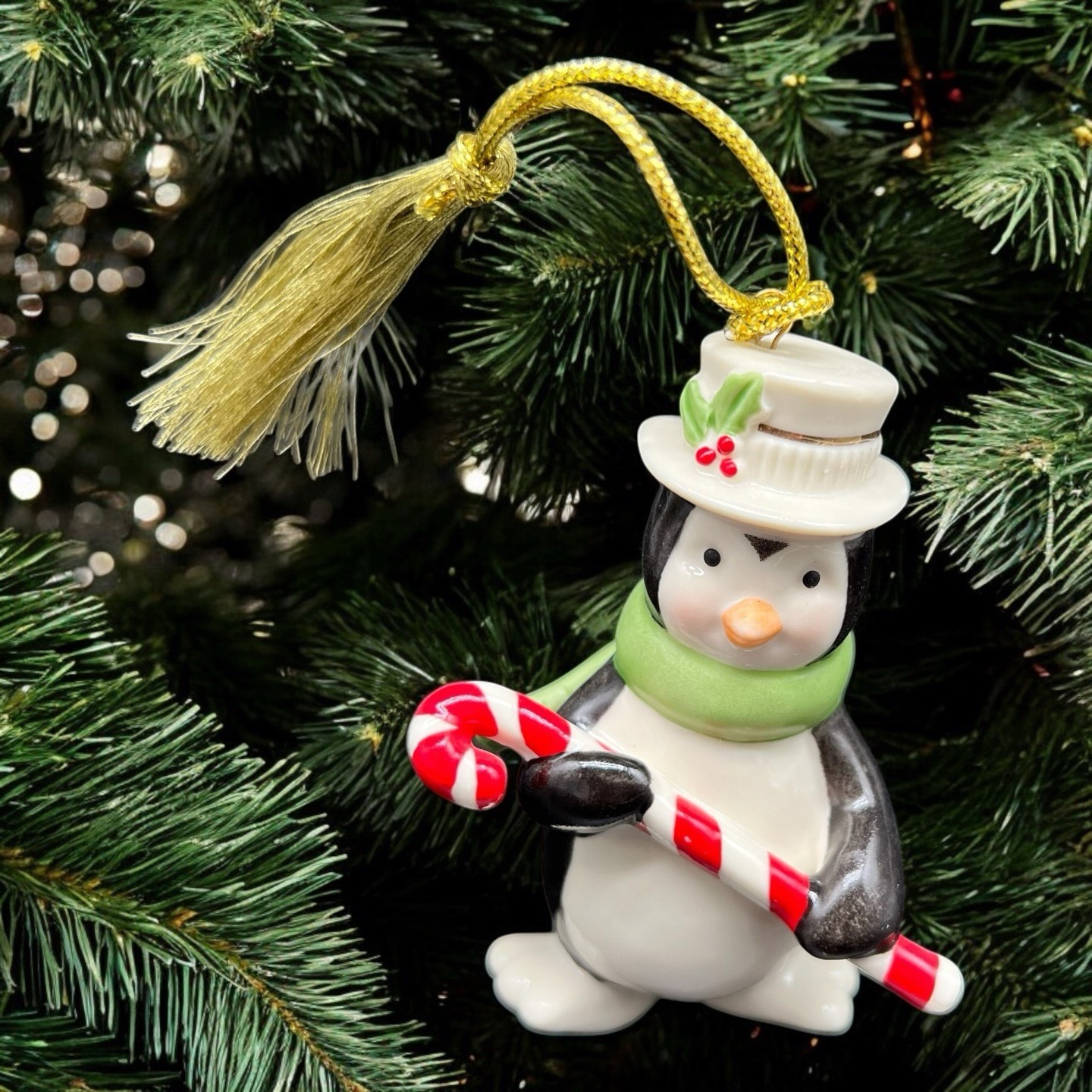 New Lenox Penguin with Candy Cane Porcelain Christmas Tree Ornament Holiday