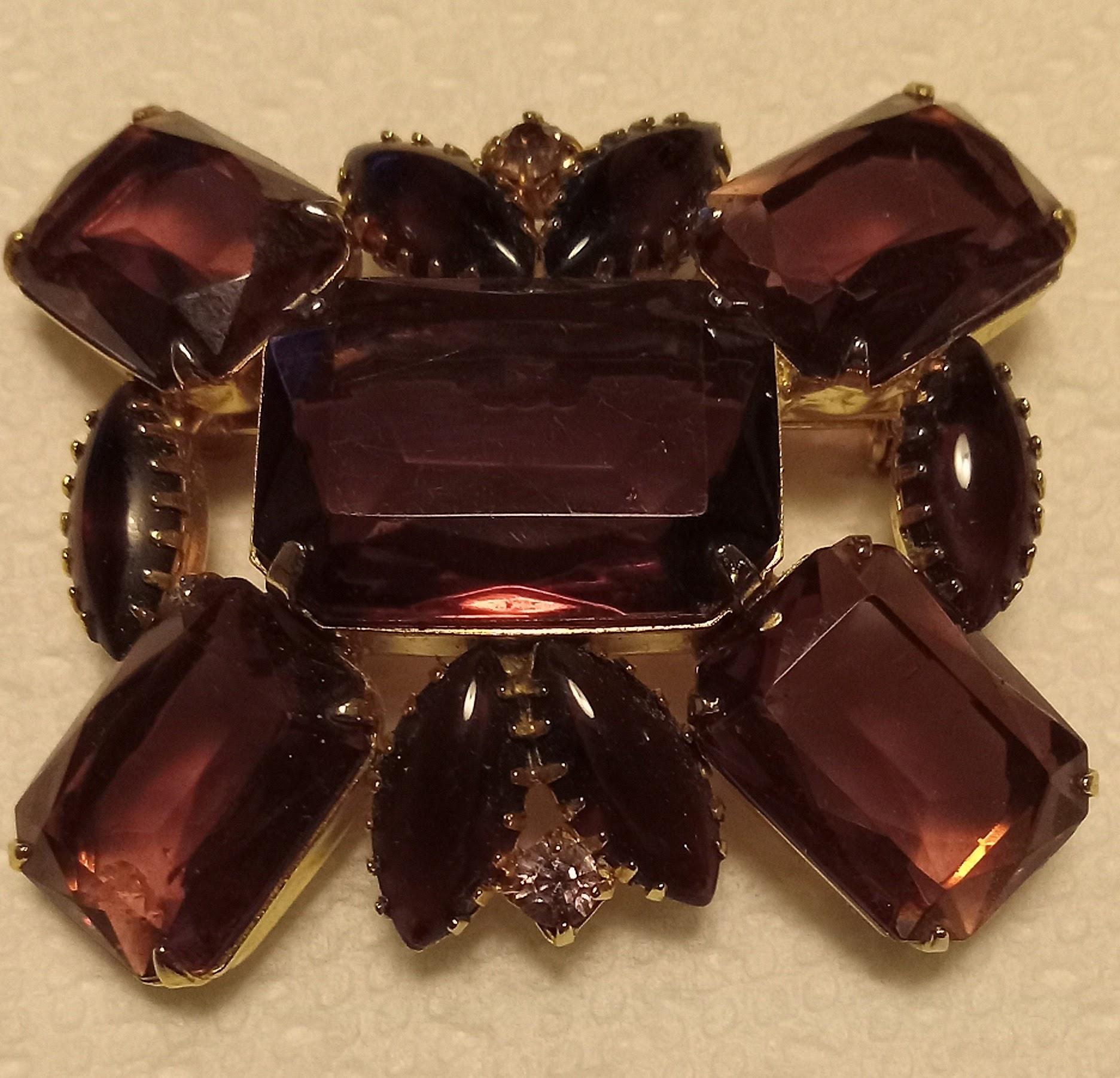 VINTAGE LARGE Cranberry Colored Glass Rhinestone Brooch