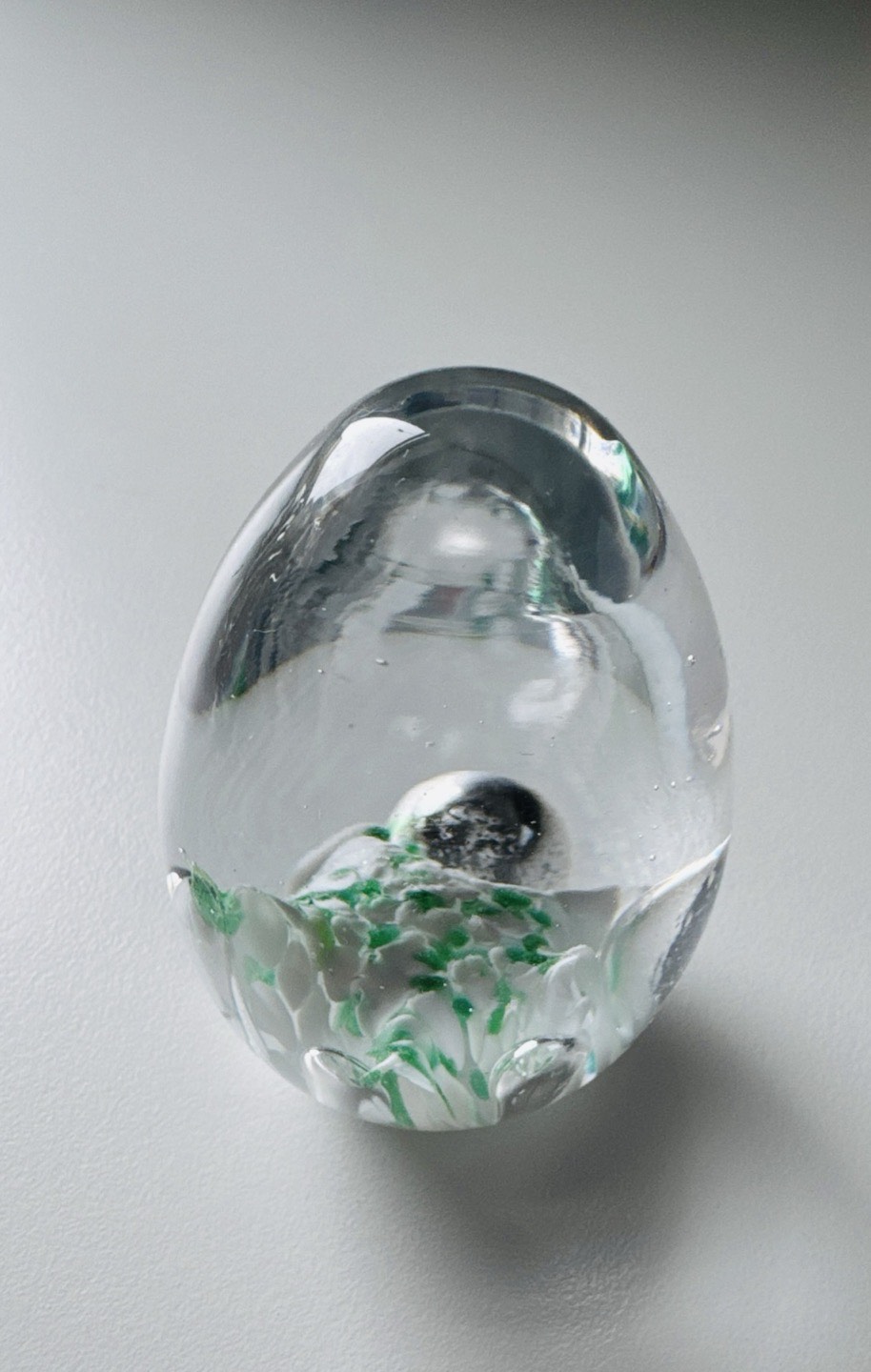Egg Shaped Paperweight - Green & White Spirals & Bubbles