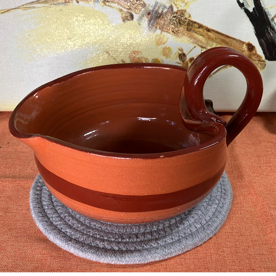 Redware Pottery Bowl With Handle & Spout Marked With “R” On Bottom