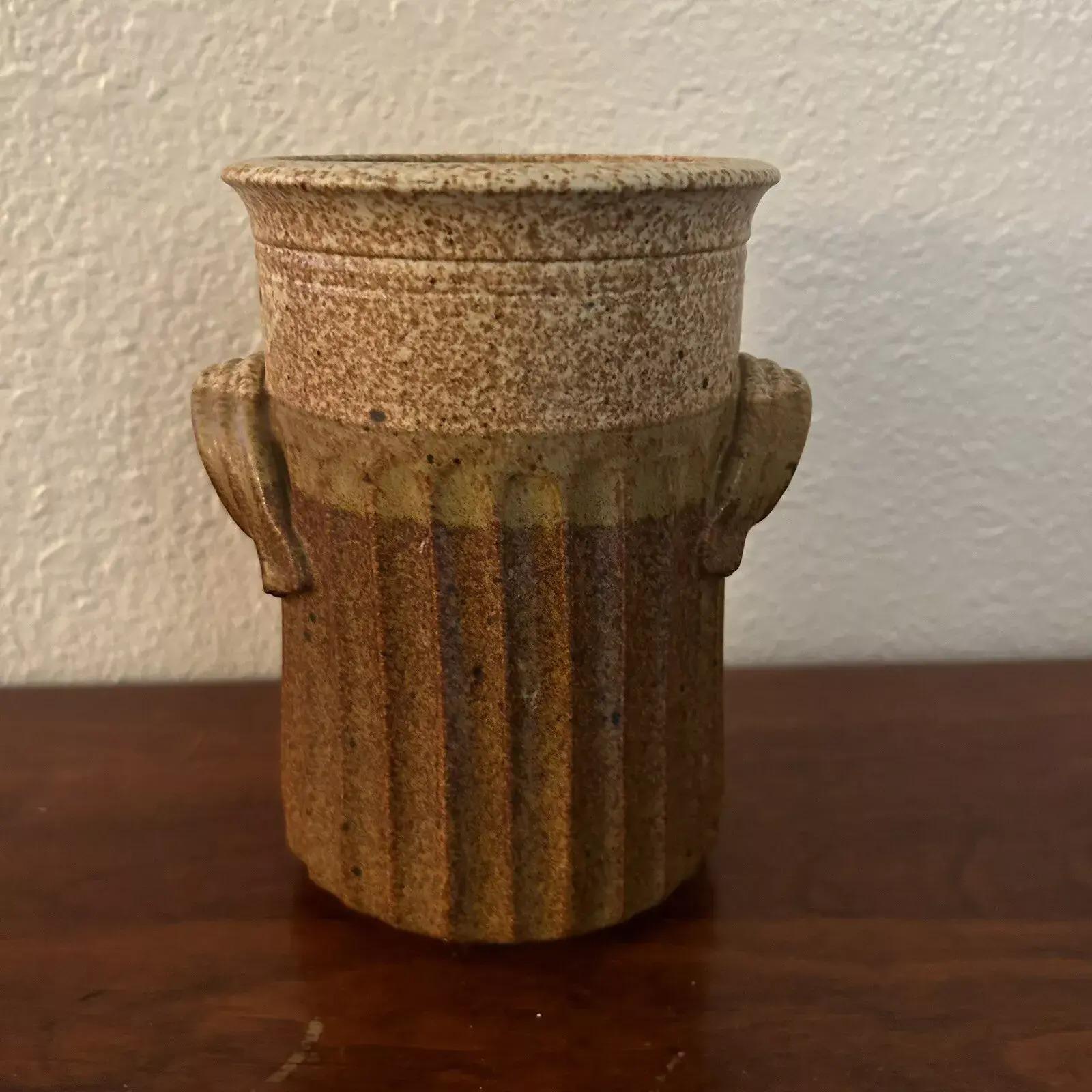 Vintage Art Pottery Utensil Canister Neutral Tones ‘77 Signed