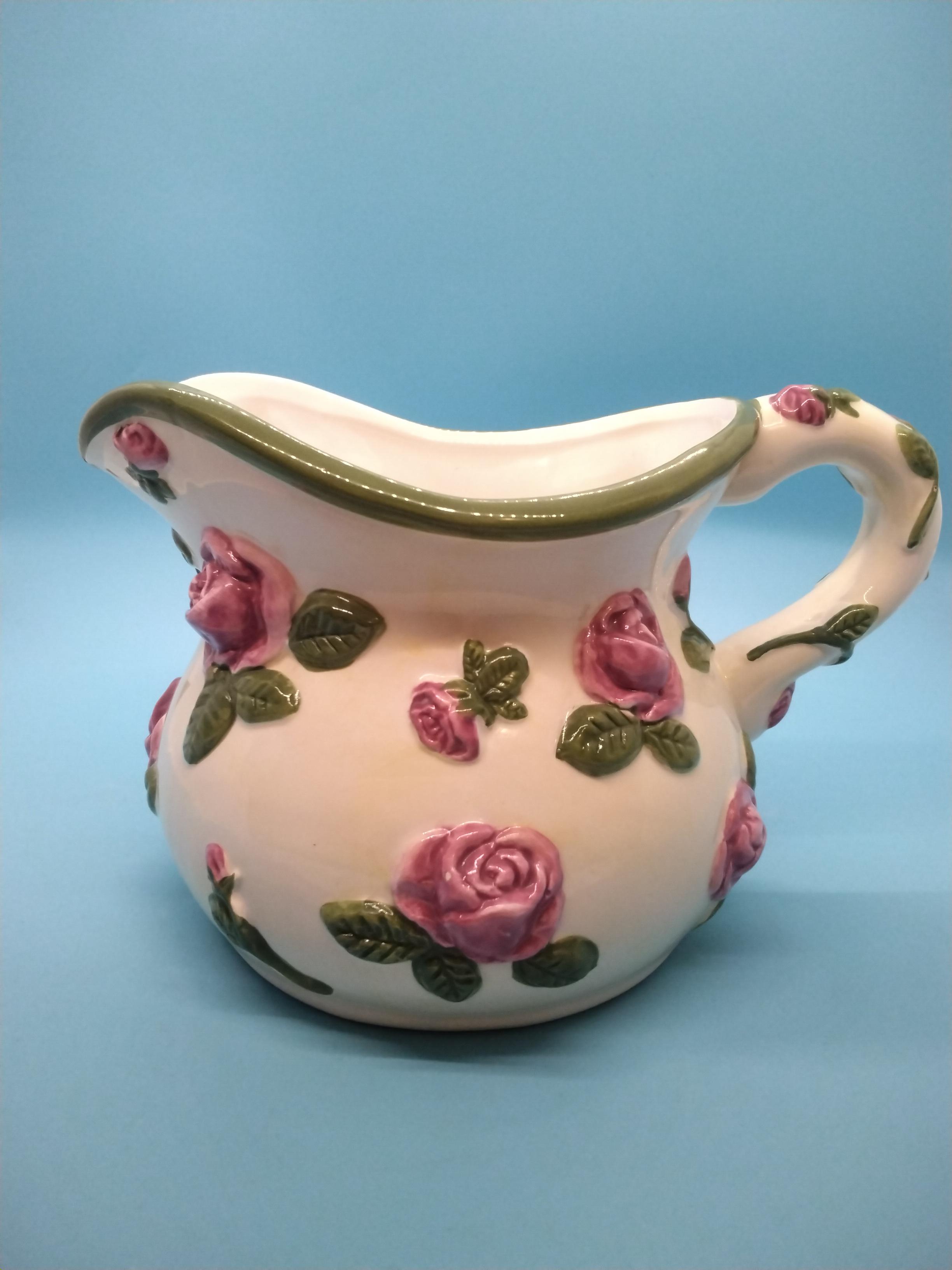 Vintage Ceramic Rose-Embossed Pitcher