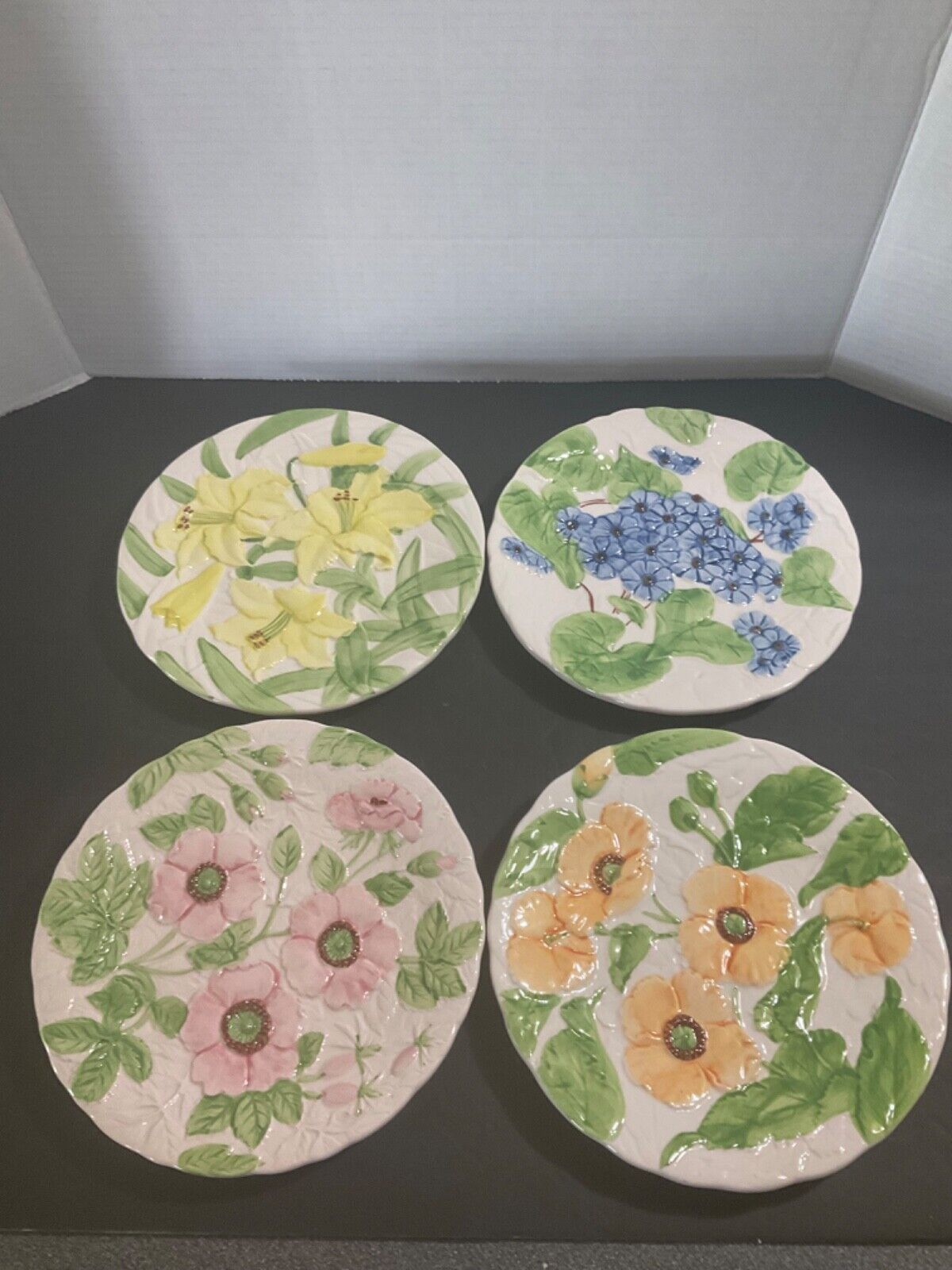 Set of 4 Vintage Shafford Fleurs Du Jour 3D Floral Salad Plates Decor