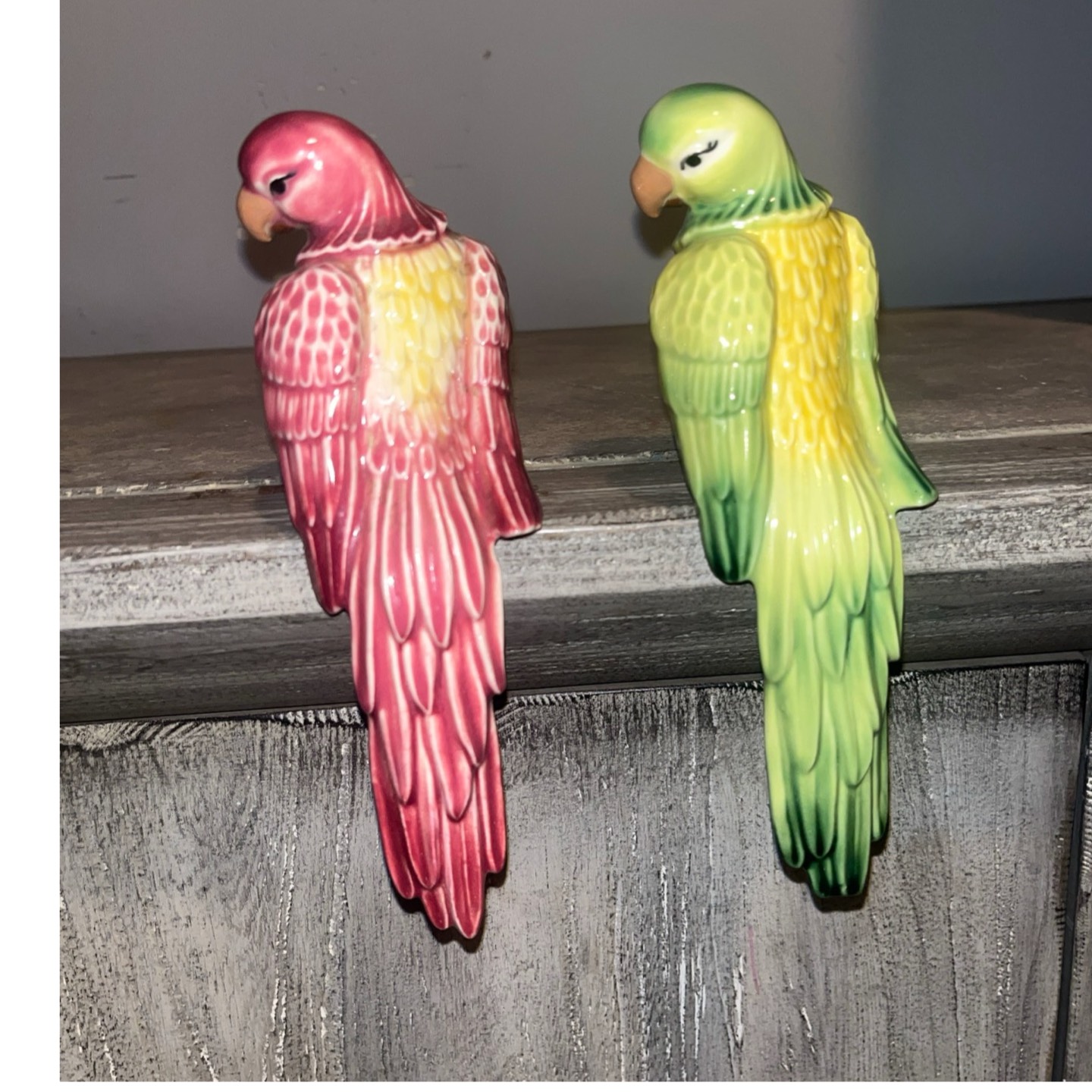Polly & Polly Pair Green & Pink 1950s Ceramic Birds Parrots Shelf ...
