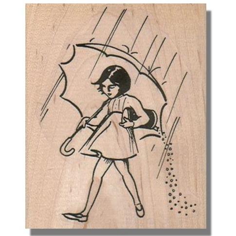 Morton Salt Girl Rubber Stamp - Rain Girl With Umbrella
