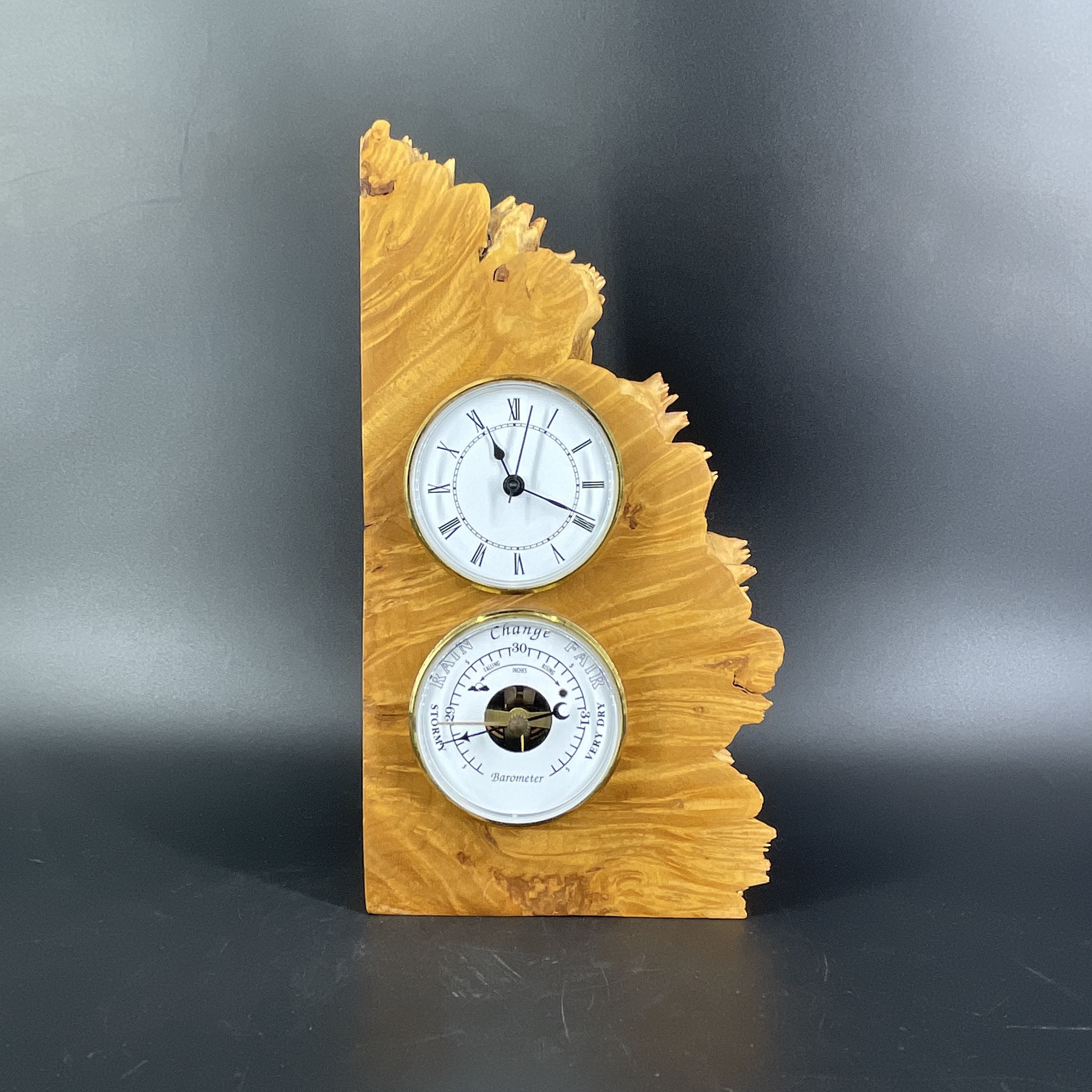Signed Charles Elkan Burl Wood Barometer & Clock Combo Handcrafted