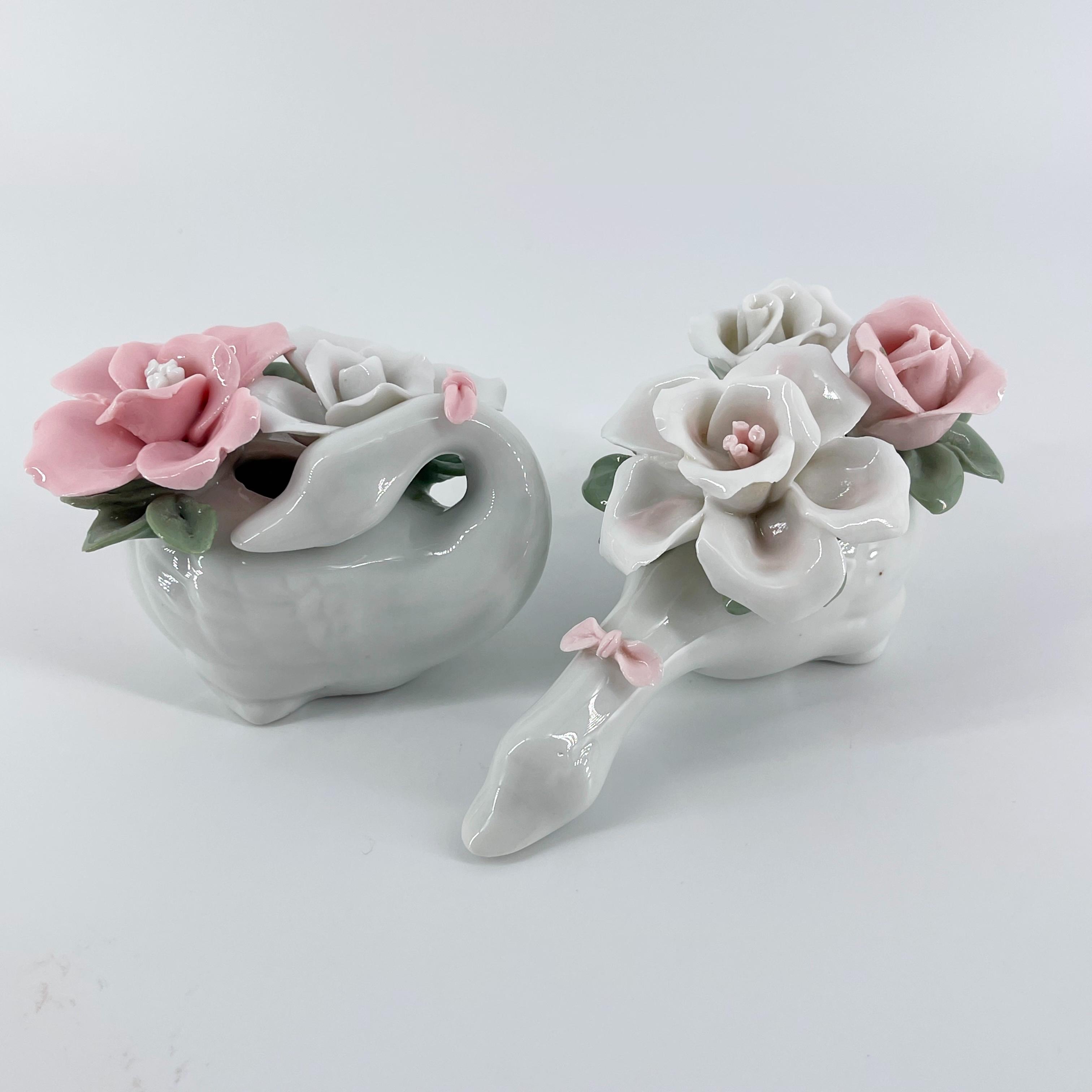 007 Pair Ceramic Geese Pink Bows Pink & White Flowers Goose Figurines
