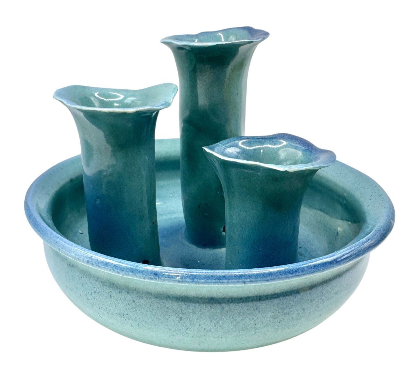 Signed R Walker Art Pottery Ikebana Flower Frog Bud Vase Blue 3 Hole ...