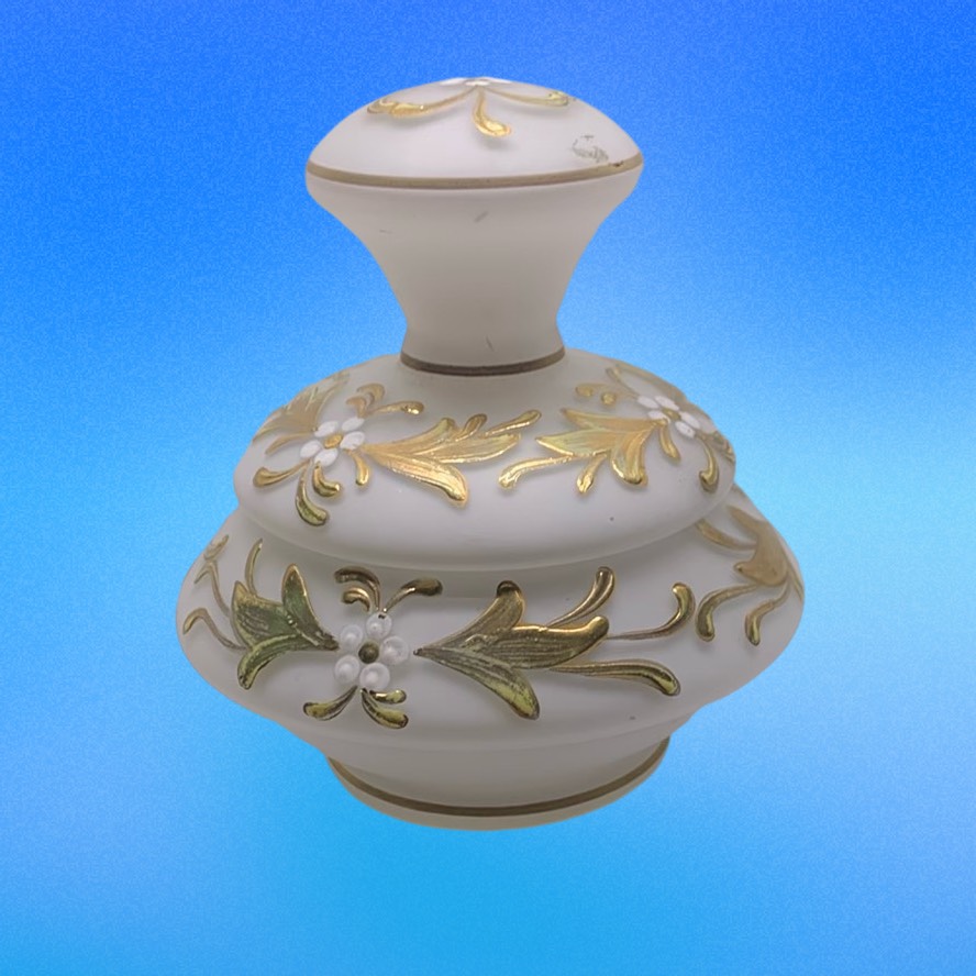 15. Vintage Glass Powder, Puff Vessel With Raised handpainted, gold and ...