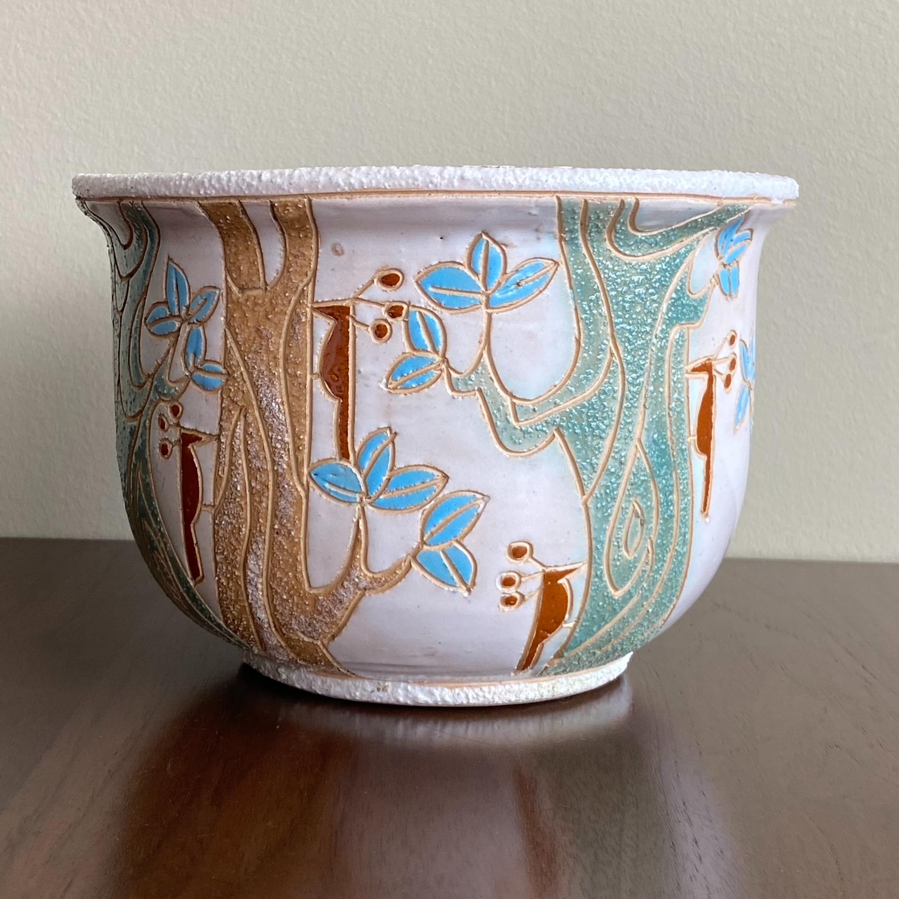 Retro MCM Style Planter Pot with Trees and Woodpecker Birds