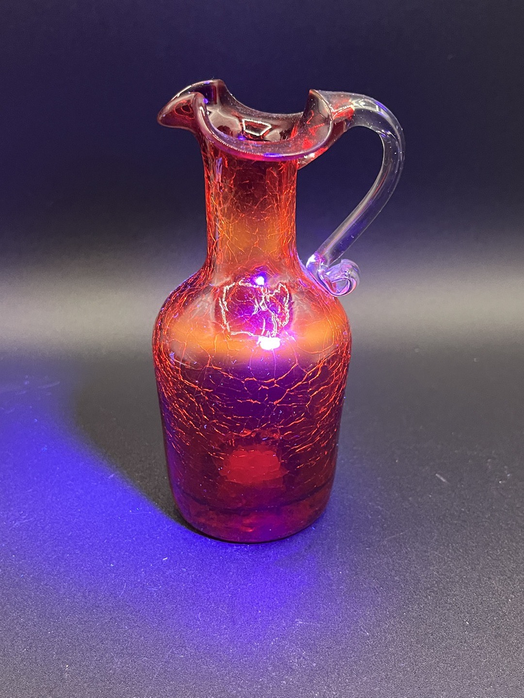 Glowy Ruby Red Crackle Glass Pitcher 5.5”