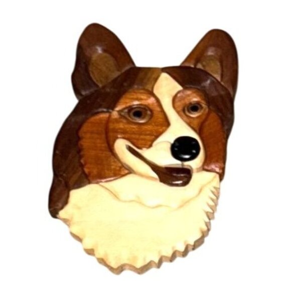Pembrooke Corgi Dog Hand Carved Intarsia Wood Wall Plaque Signed by ...