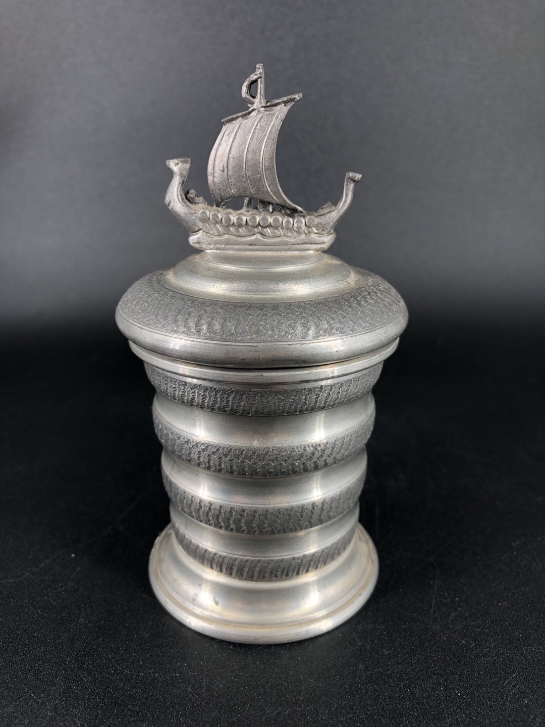 Vintage Norwegian Viking Ship Pewter Jar with Lid Tobacco Jar