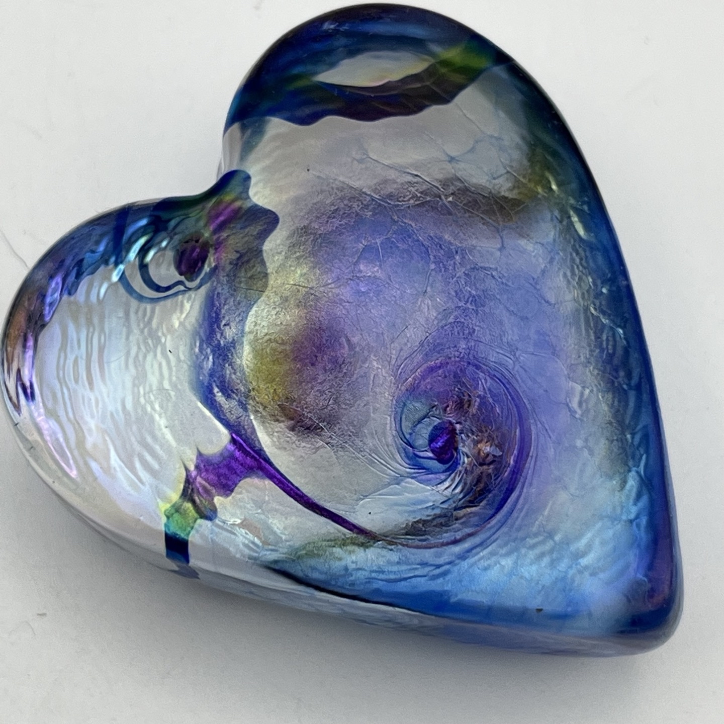 Robert Held Heart Art Glass Paperweight Blue Purple Swirls 2”