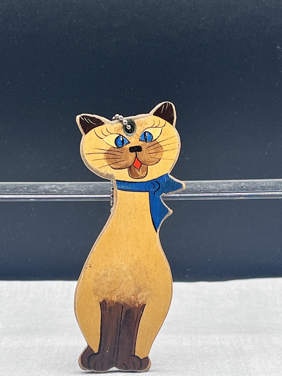 Vintage Handmade Wood Cat Shaped Keychain Signed Mary McDaniel on Back