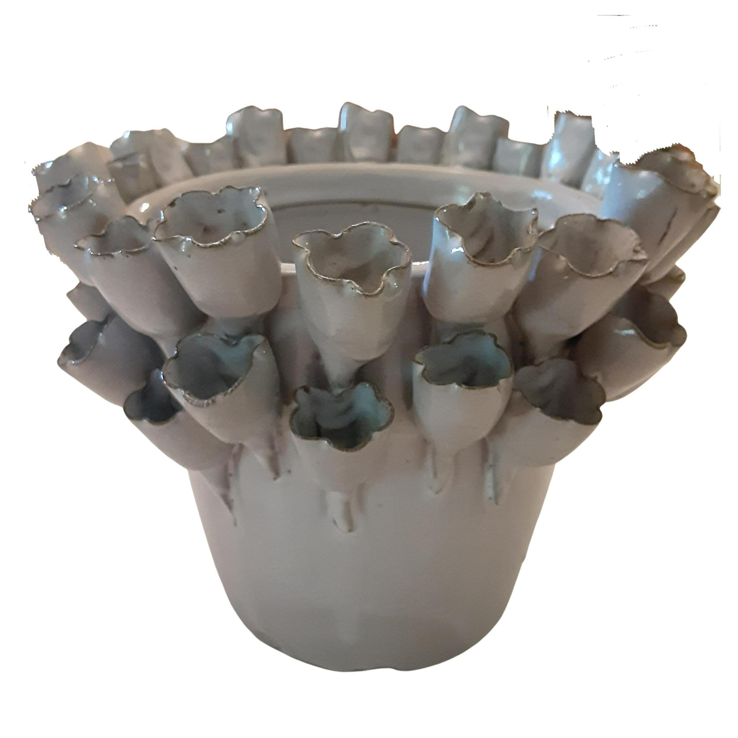 Grey Blue Pottery Flowerpot with 2 rows of Applied Tulips around the top