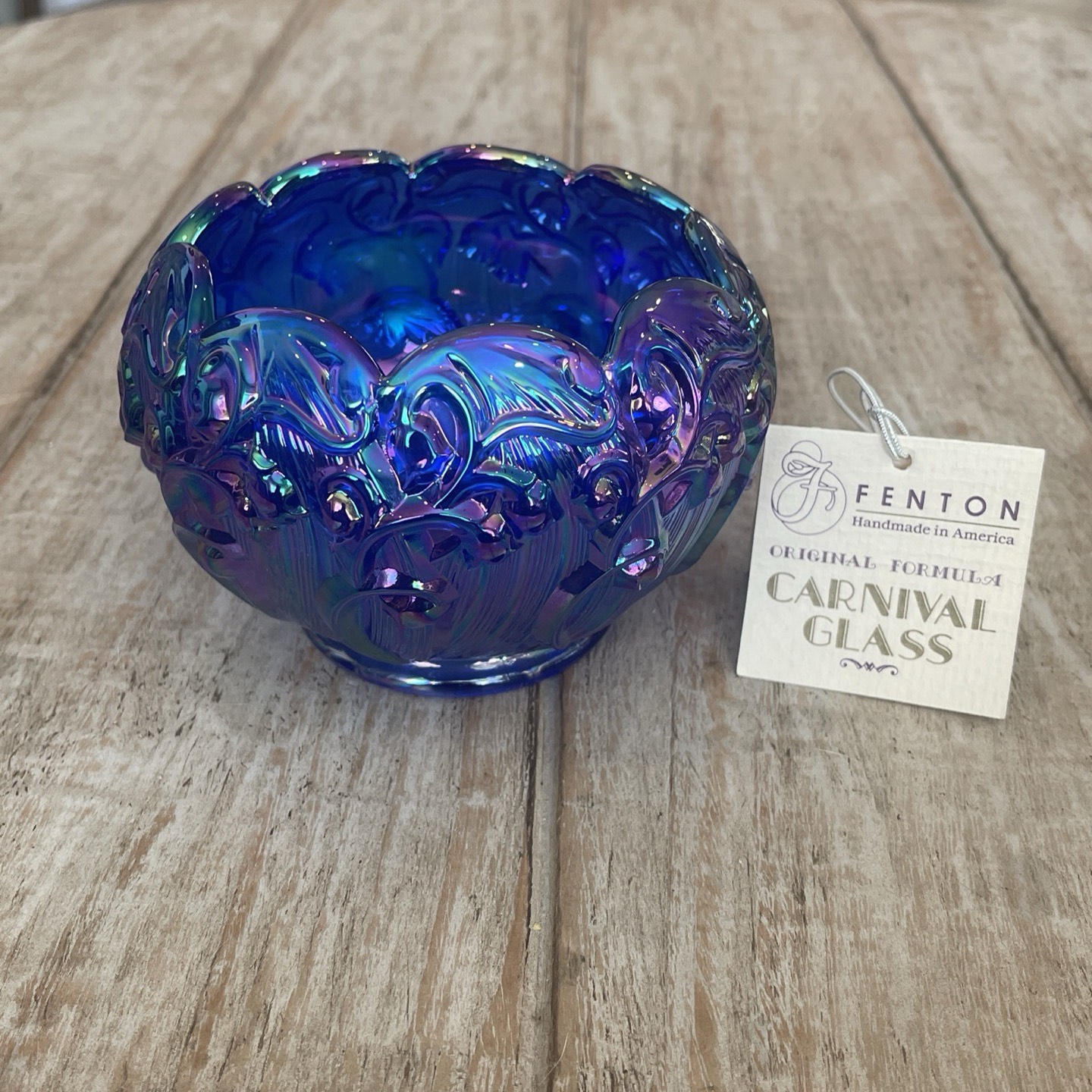 FENTON LILY OF THE VALLEY BLUE ROSE CARNIVAL GLASS ROSE BOWL With Tag
