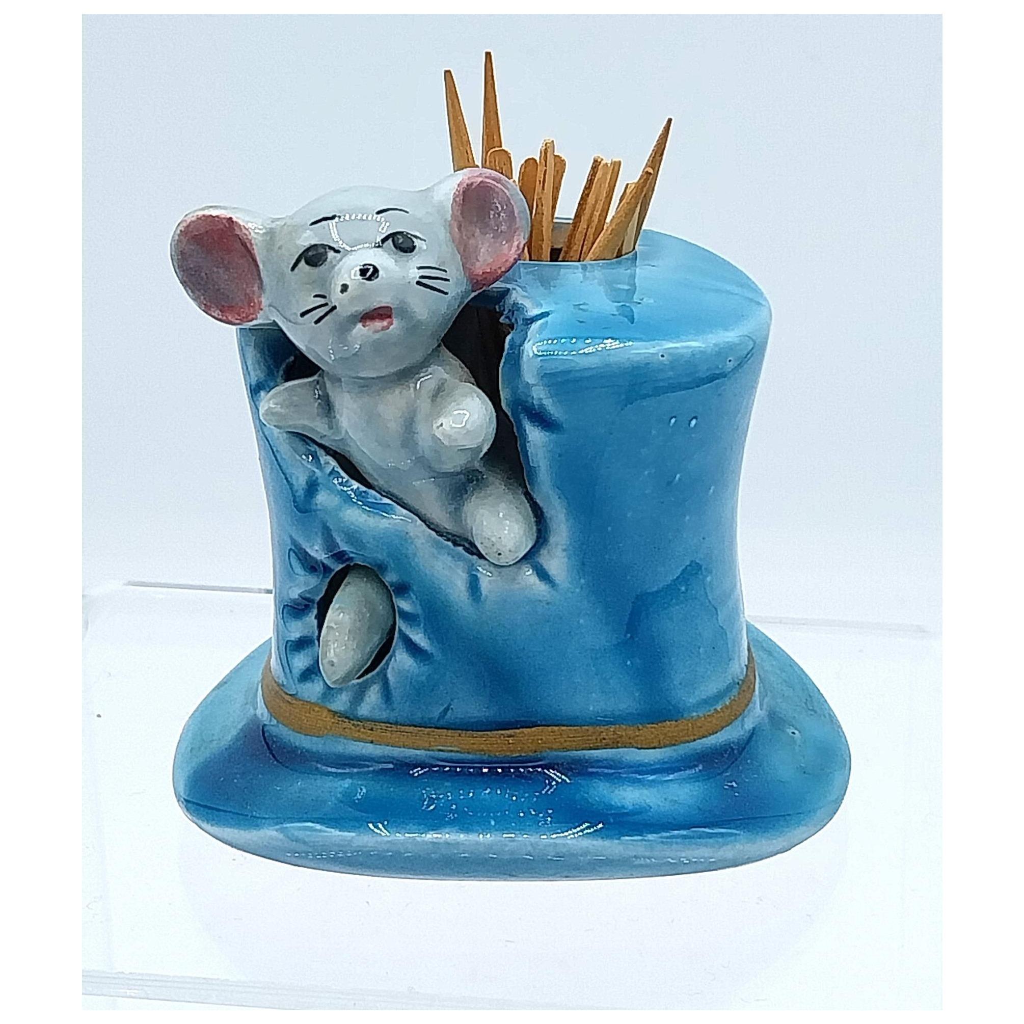 Vintage Lefton, Japan, Mouse in Blue Top Hat, Toothpick Holder, Kitsch