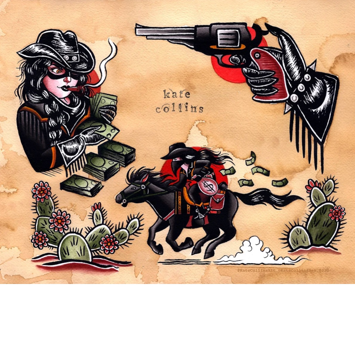 "Bandit Babe" Tattoo Flash Sheet, by Kate Collins