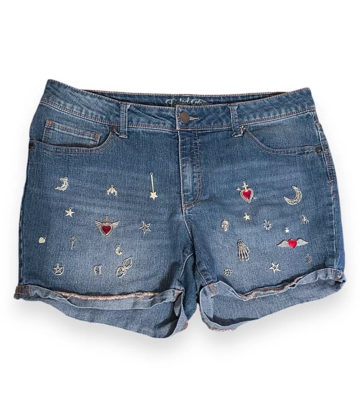 Reworked Hand Embroidered Denim Silver Red Punk Rock Charms Dark Mini ...