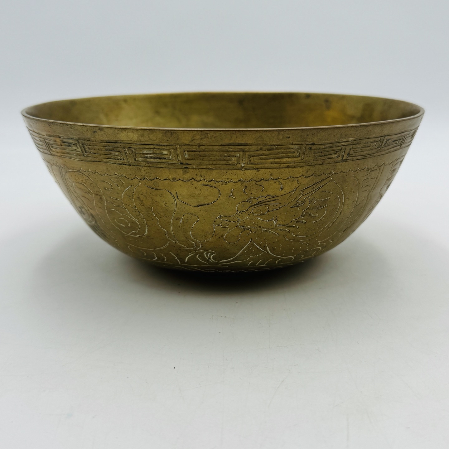 Antique Chinese Brass Engraved Bowl China Signed Dragon Mountain Whale ...