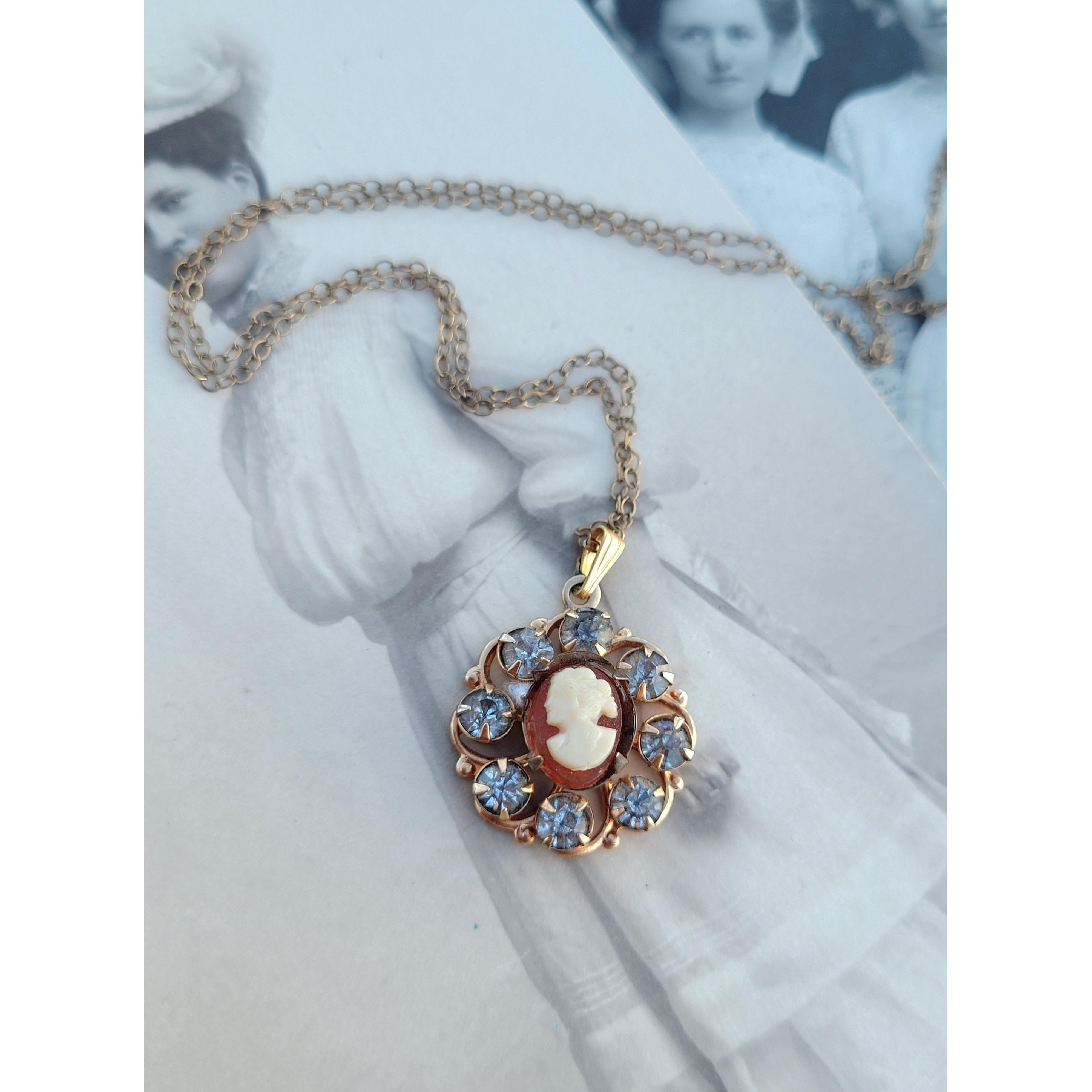 Vintage 14k Gold Filled Red Cameo Rhinestone Pendant Necklace 16"