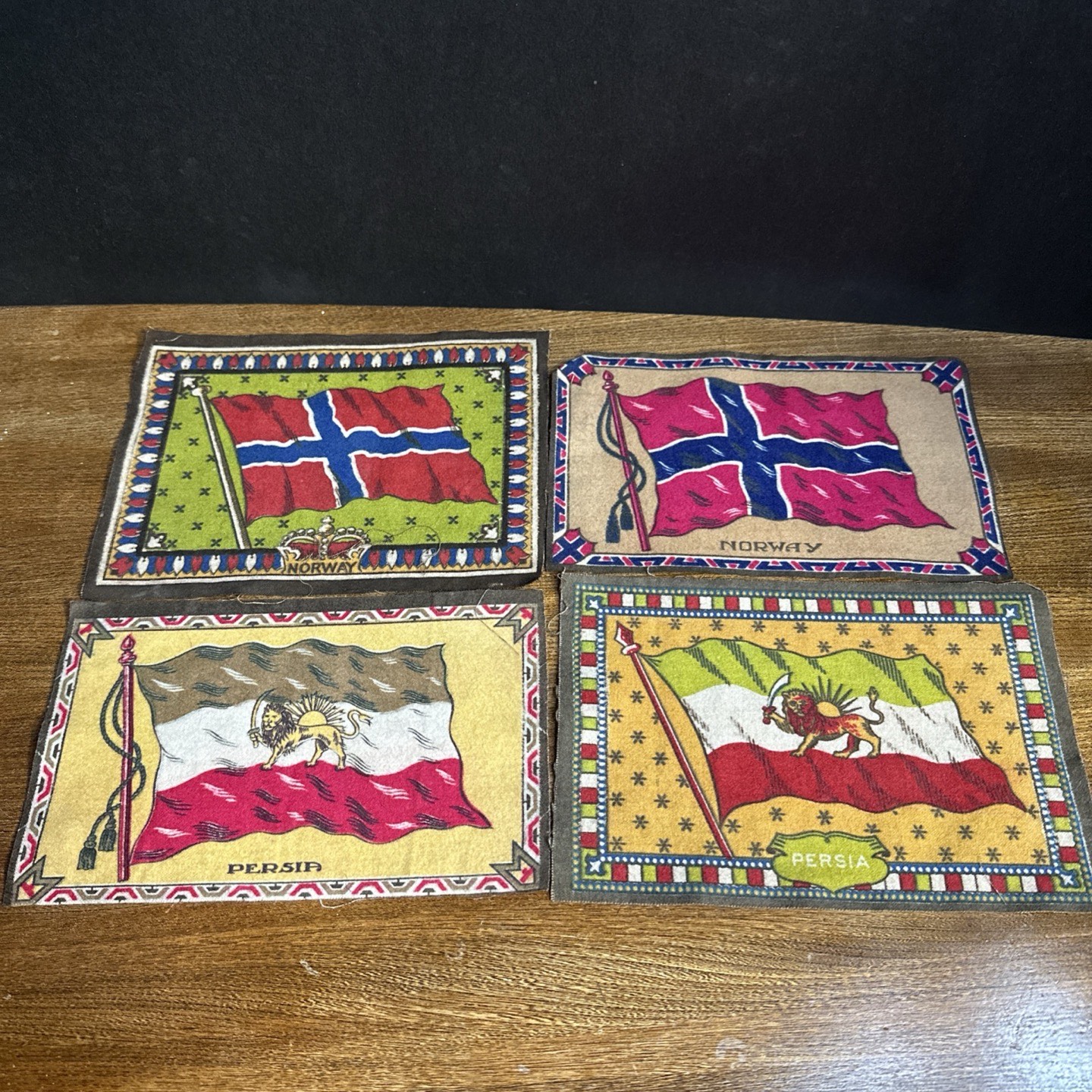 4 Tobacco Felt Flannel Flags Norway Persia 8-1/4" x 5-1/2