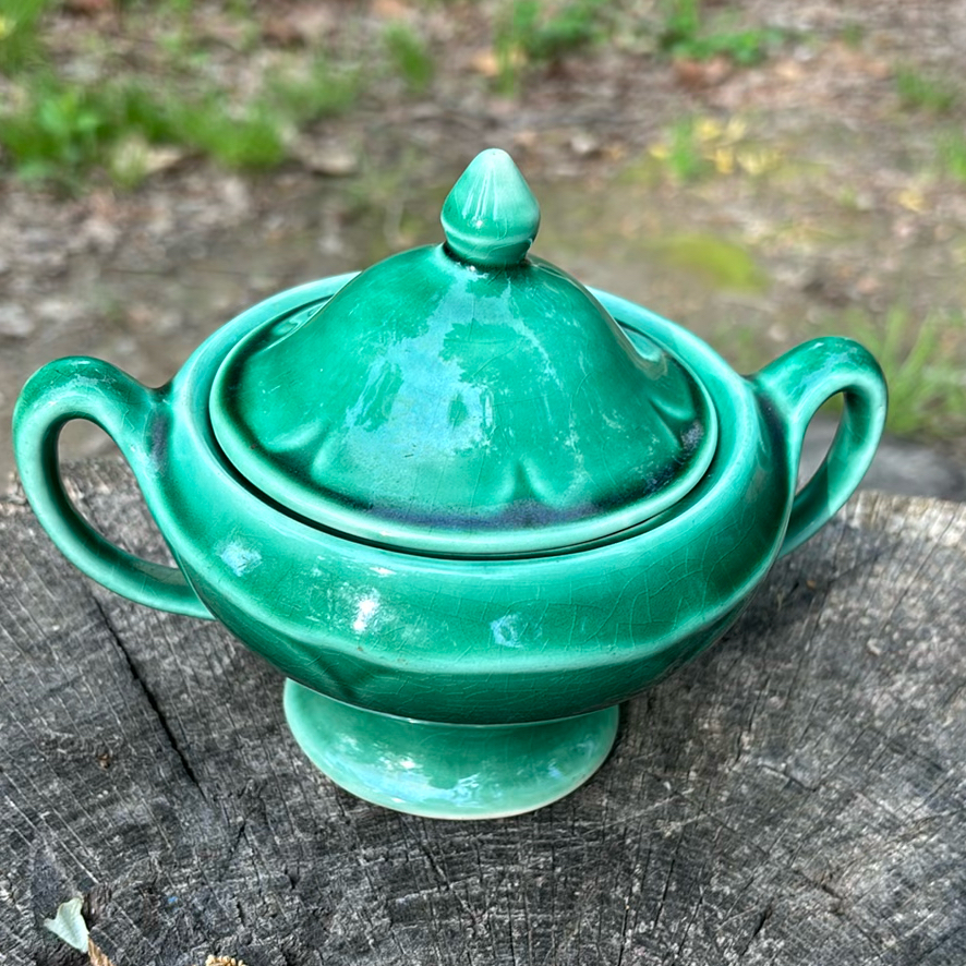 Vintage Emerald Green Ceramic Sugar Bowl