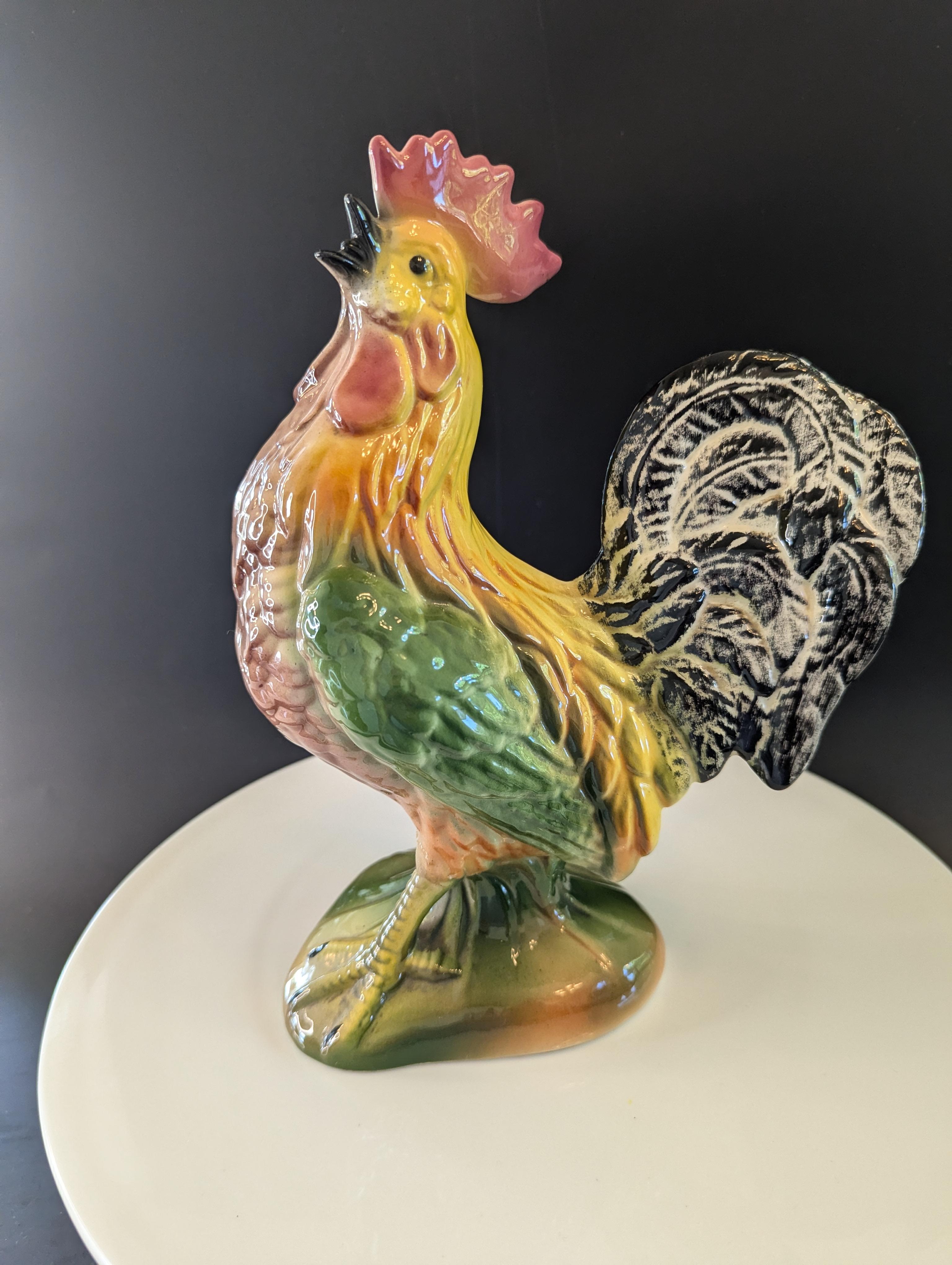 Vintage Ceramic Rooster Figurine, Colorful Farmhouse Decor